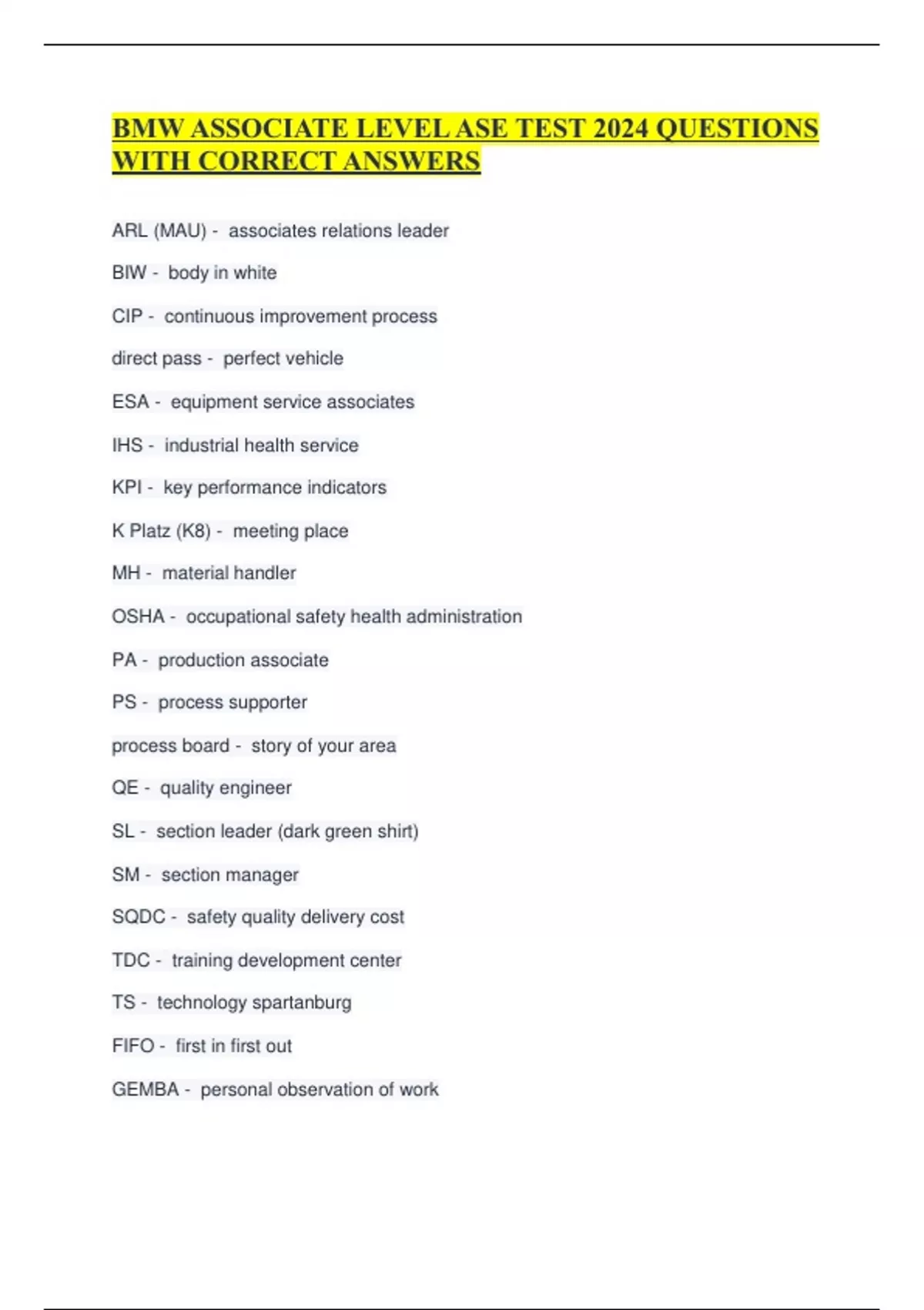 BMW ASSOCIATE LEVEL ASE TEST 2024 QUESTIONS WITH CORRECT ANSWERS - BMW ...