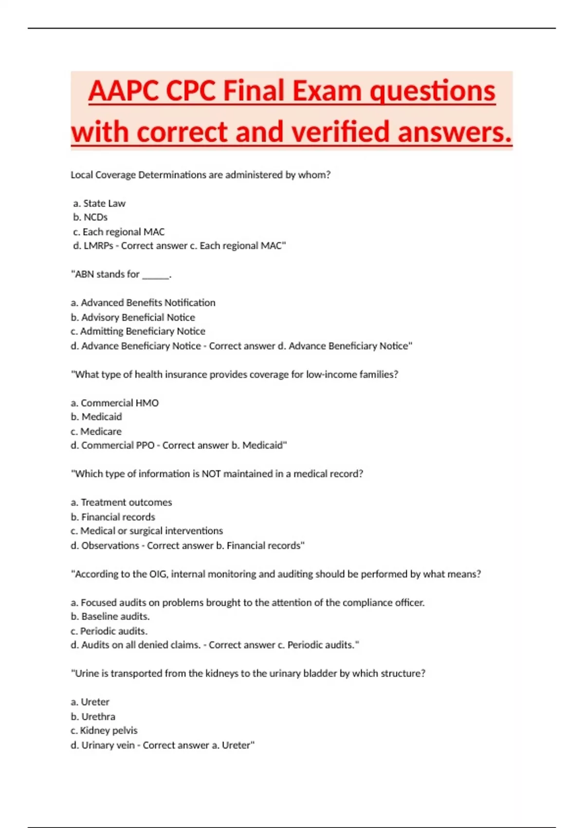 AAPC CPC Final Exam questions with correct and verified answers - AAPC CPC - Stuvia US