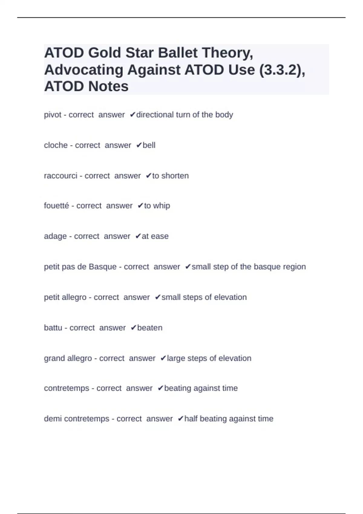 ATOD Gold Star Ballet Theory Question and answers correctly solved 2024 ...