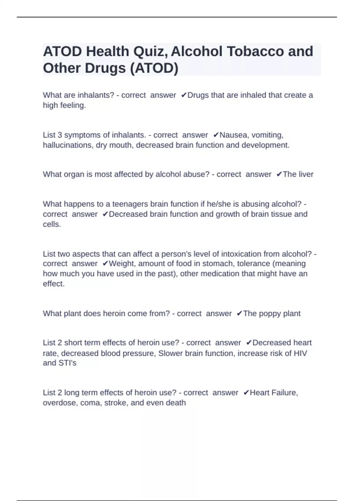 ATOD Health Quiz Questions with complete solution 2024/2025 - ATOD ...