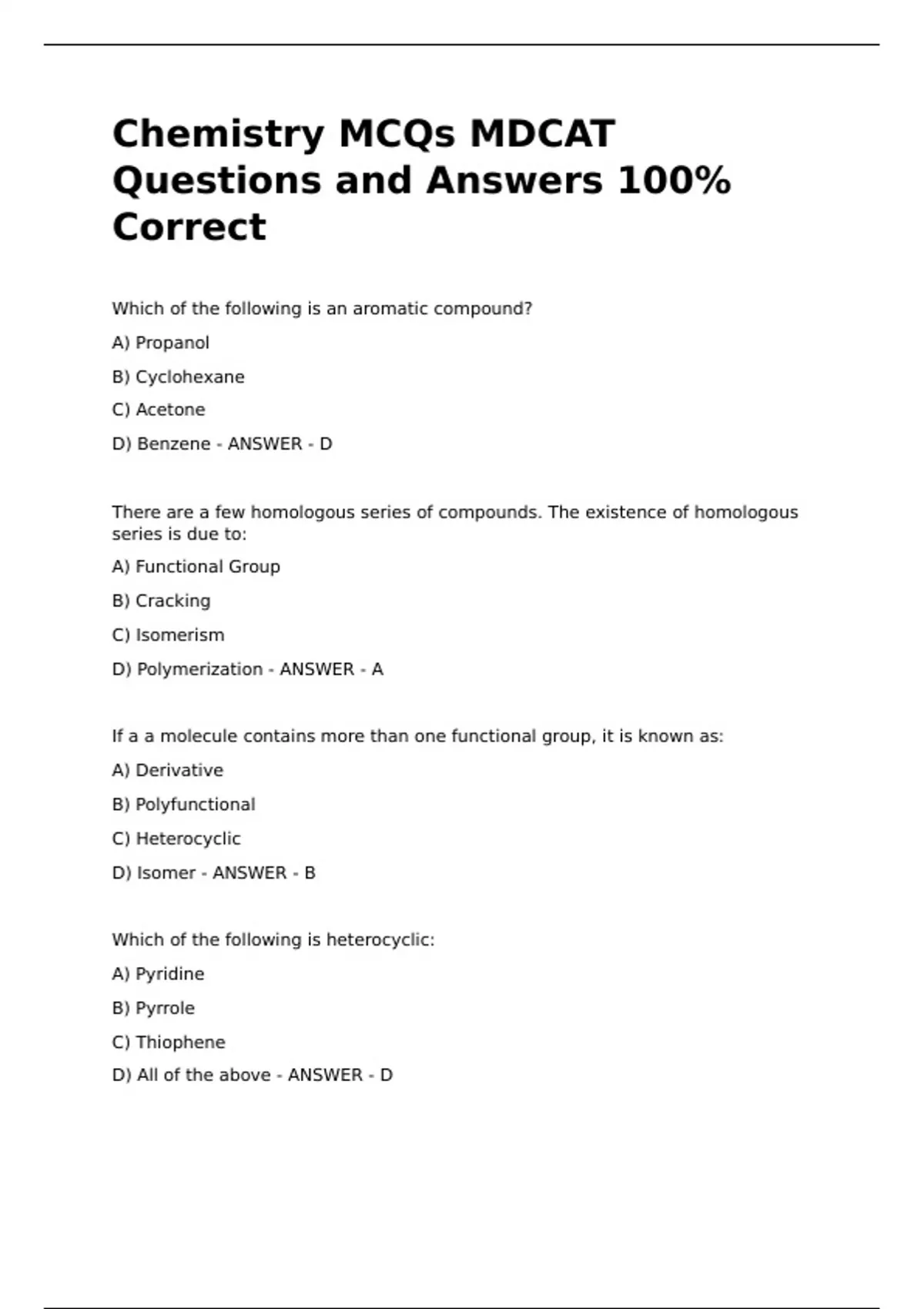 Chemistry MCQs MDCAT Questions and Answers 100% Correct - Chemistry ...