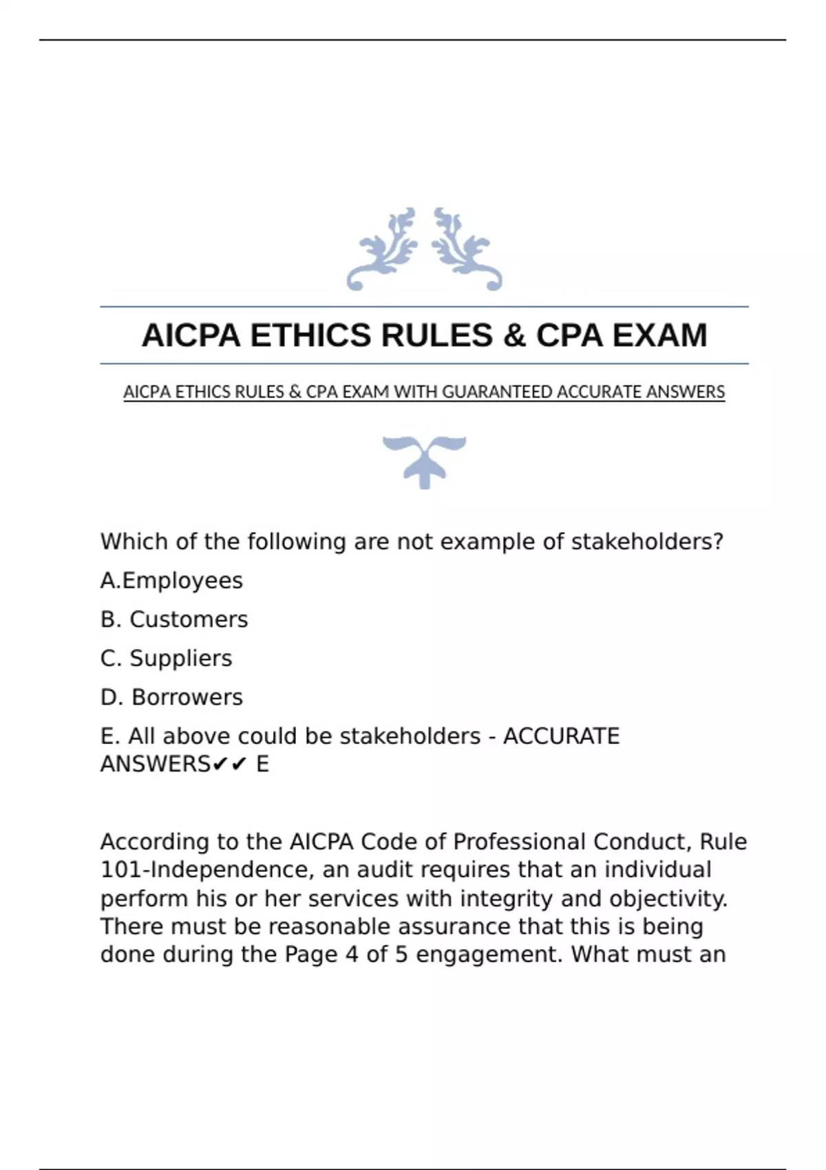 AICPA ETHICS RULES & CPA EXAM WITH GUARANTEED ACCURATE ANSWERS - AICPA ETHICS RULES & CPA ...