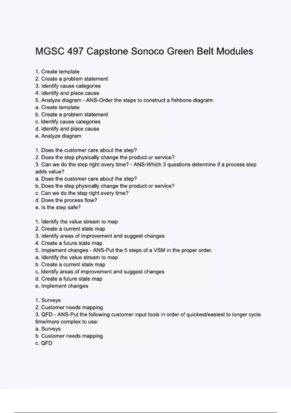MGSC 497 Capstone Sonoco Green Belt Modules Questions & 100% Verified ...