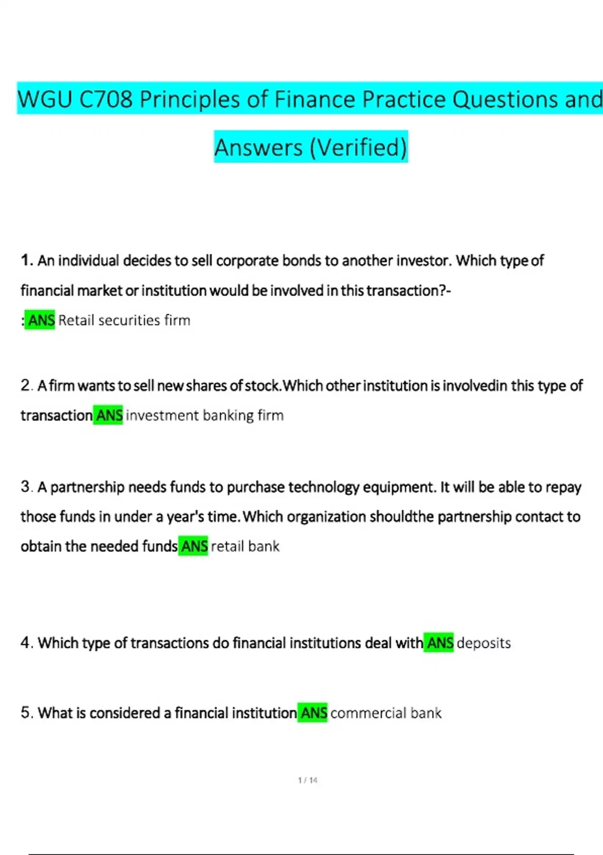 WGU C708 Principles of Finance Practice Questions and Answers (Verified) Questions and Verified ...