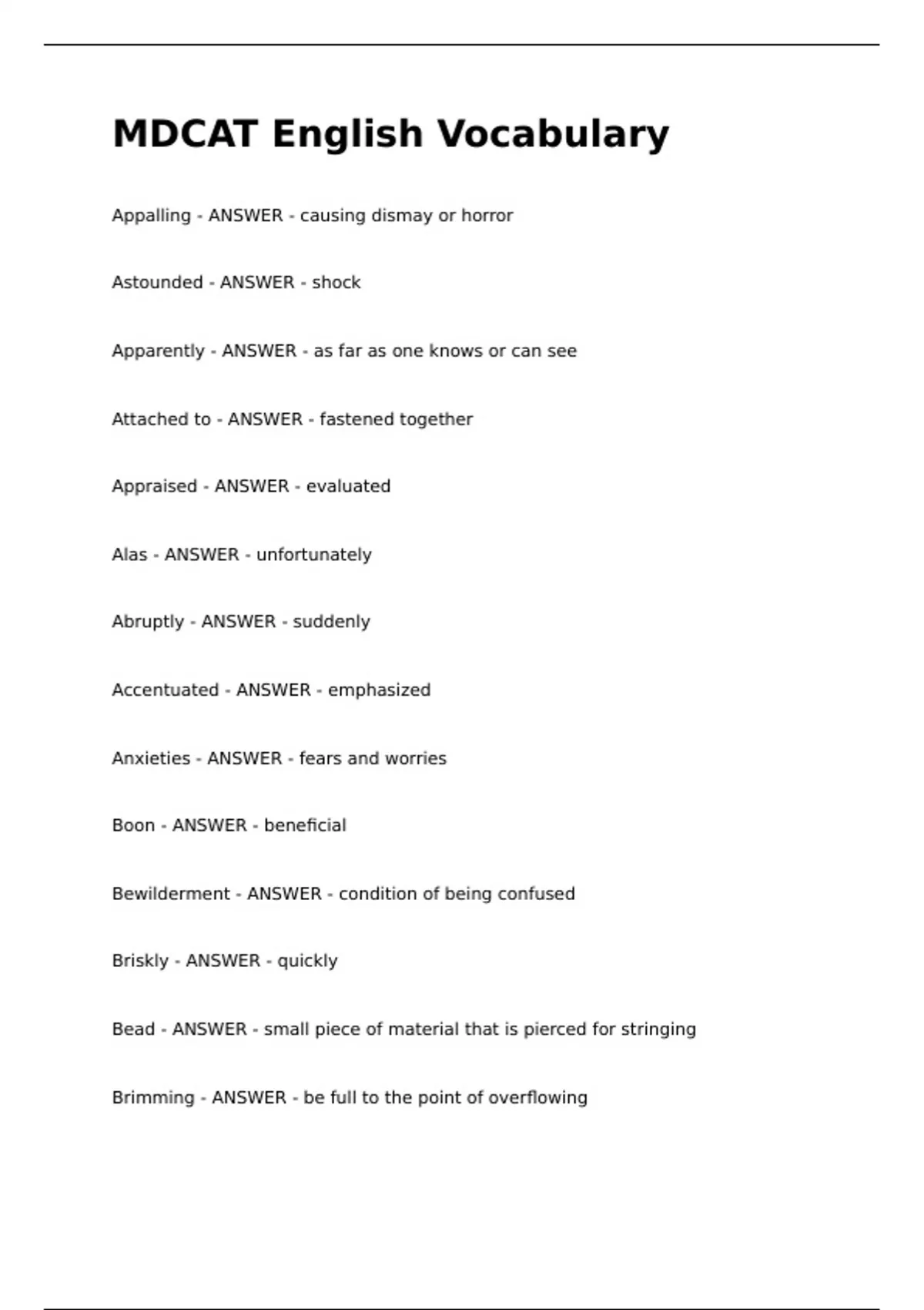 MDCAT English Vocabulary - MDCAT - Stuvia US