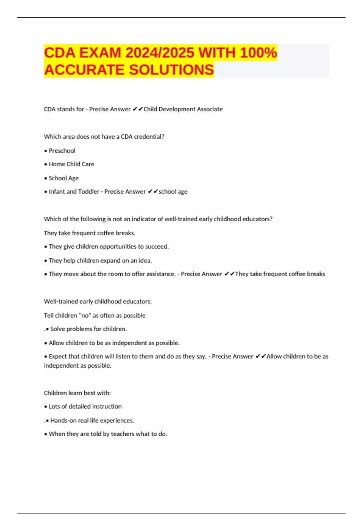 CDA EXAM 2024/2025 WITH 100% ACCURATE SOLUTIONS - CDA - Stuvia US