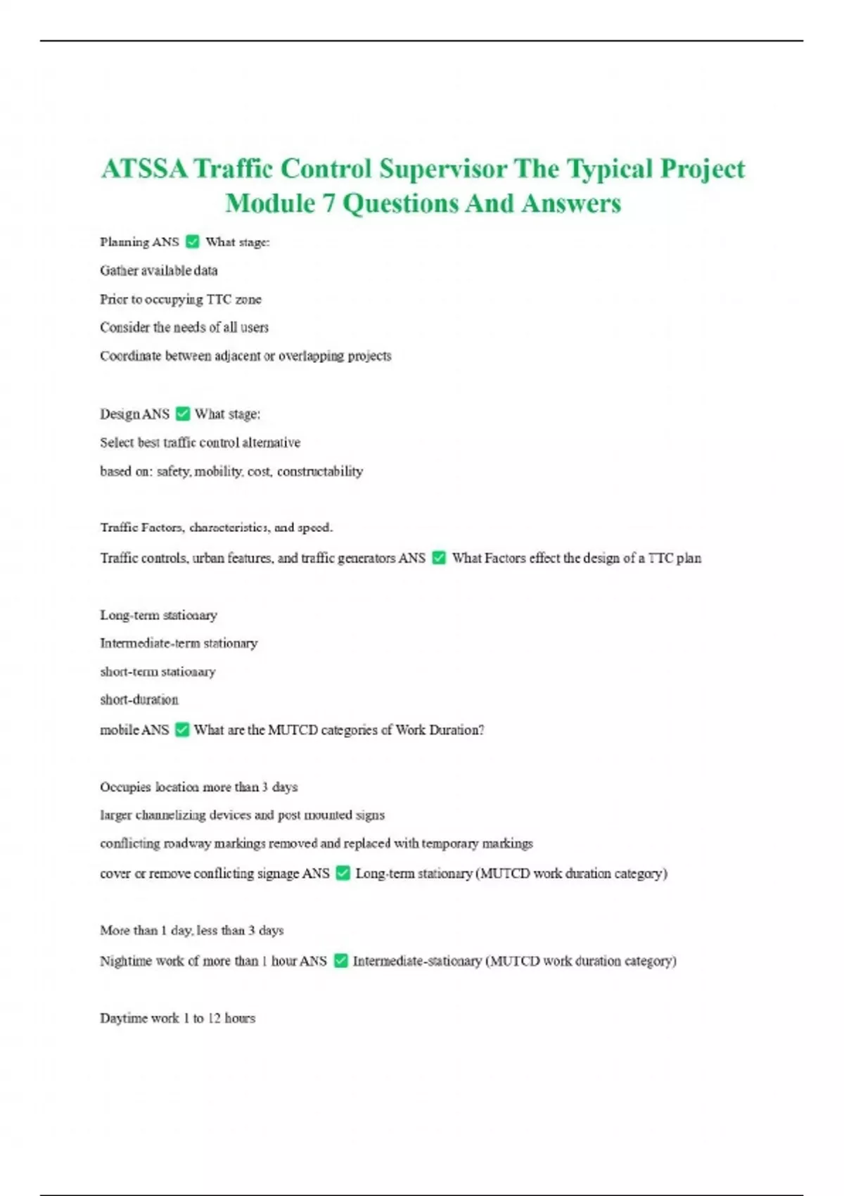 Atssa Traffic Control Supervisor The Typical Project Module 7 Questions And Answers Atssa