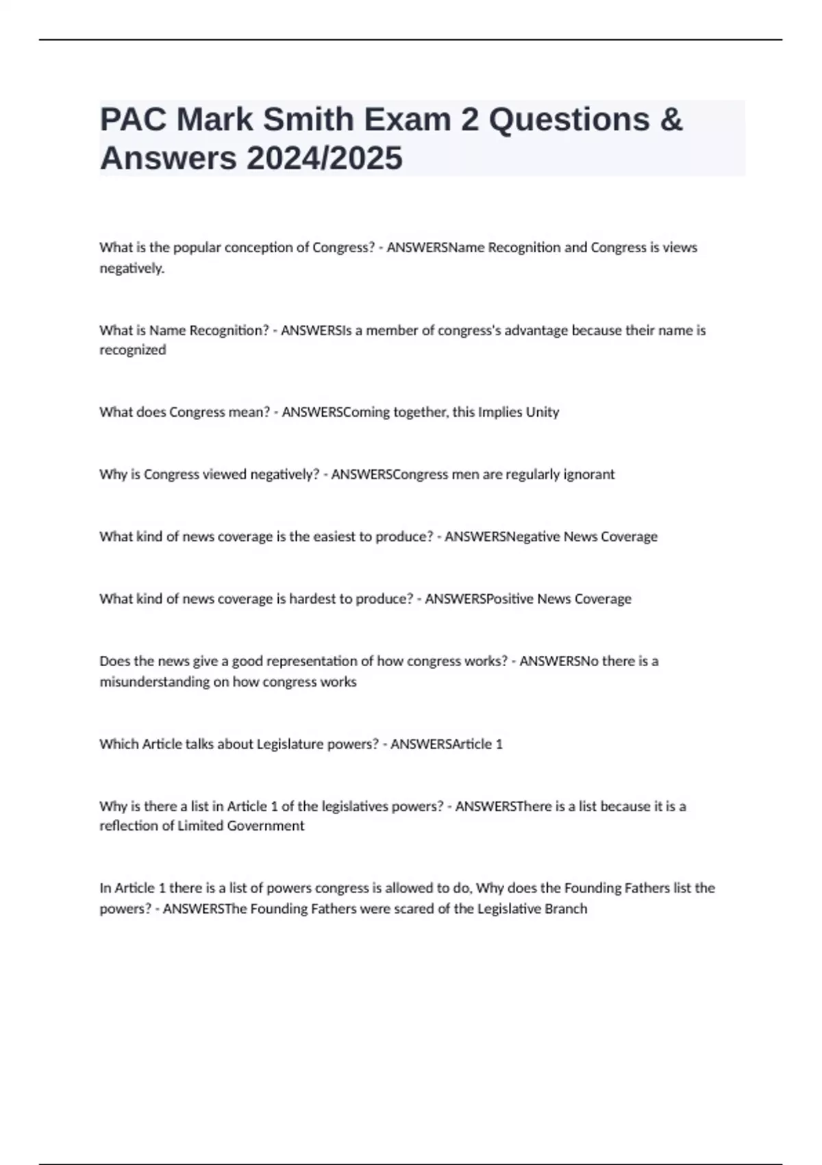 PAC Mark Smith Exam 2 Questions & Answers 2024/2025 - PAC - Stuvia US