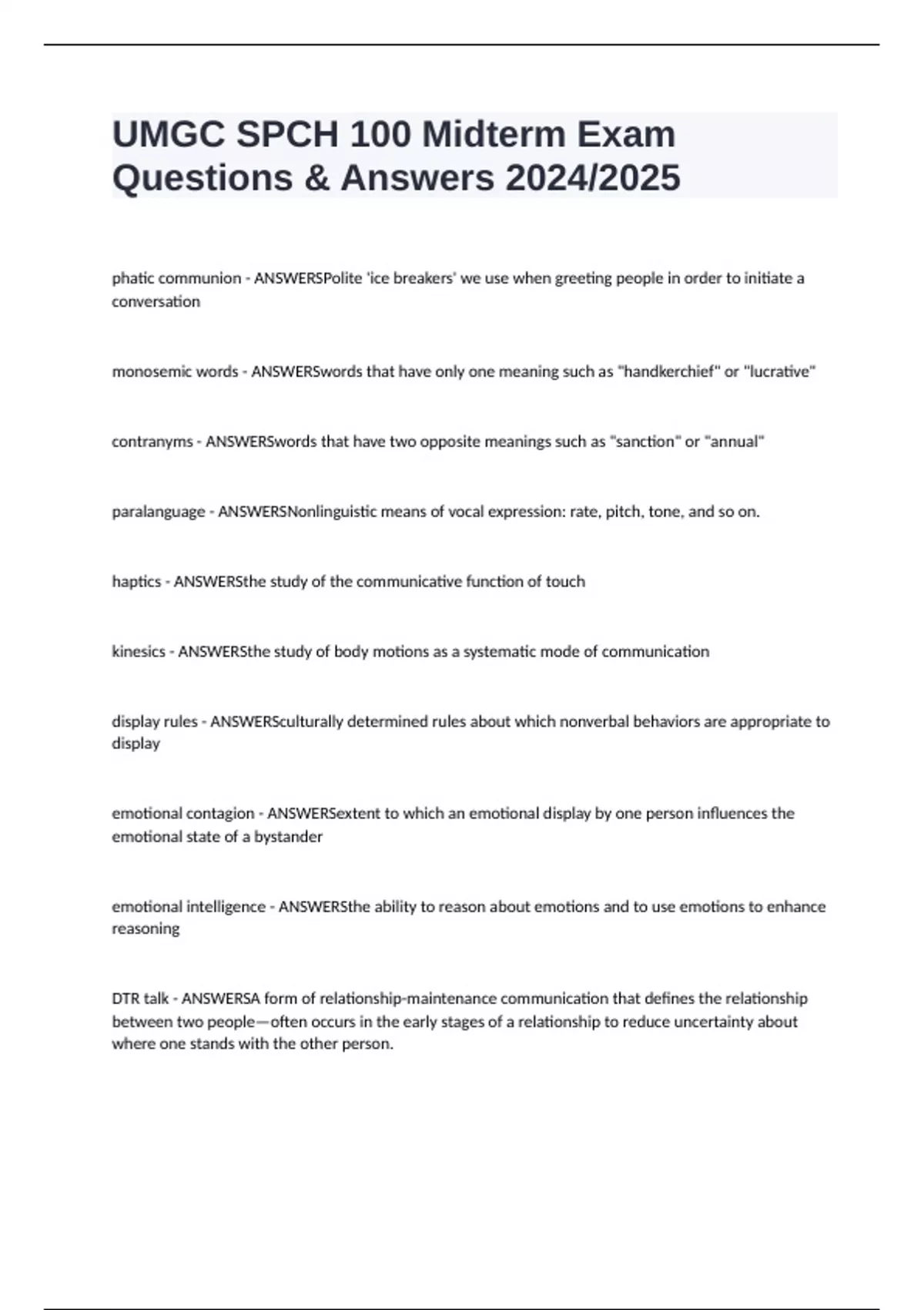 UMGC SPCH 100 Midterm Exam Questions & Answers 2024/2025 - UMGC SPCH 100 - Stuvia US