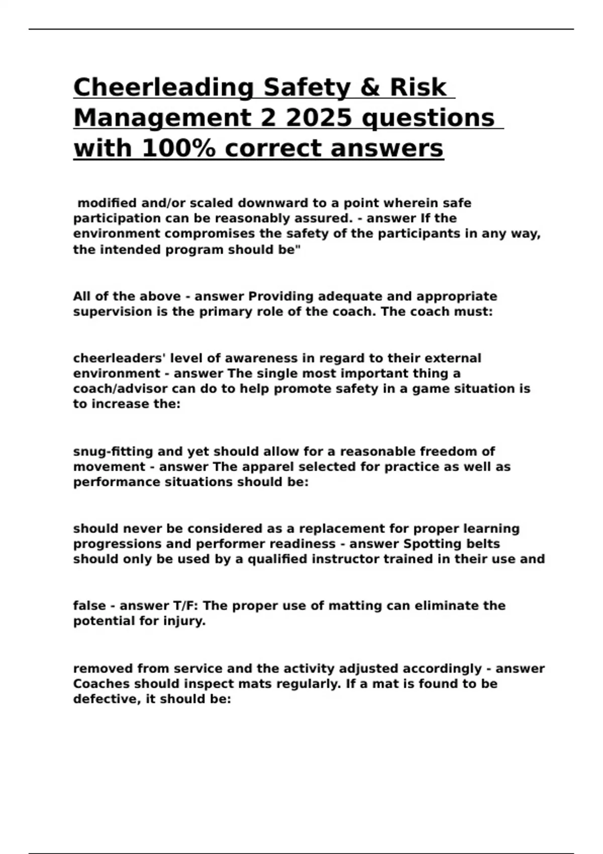 Cheerleading Safety & Risk Management 2 2025 questions with 100% ...