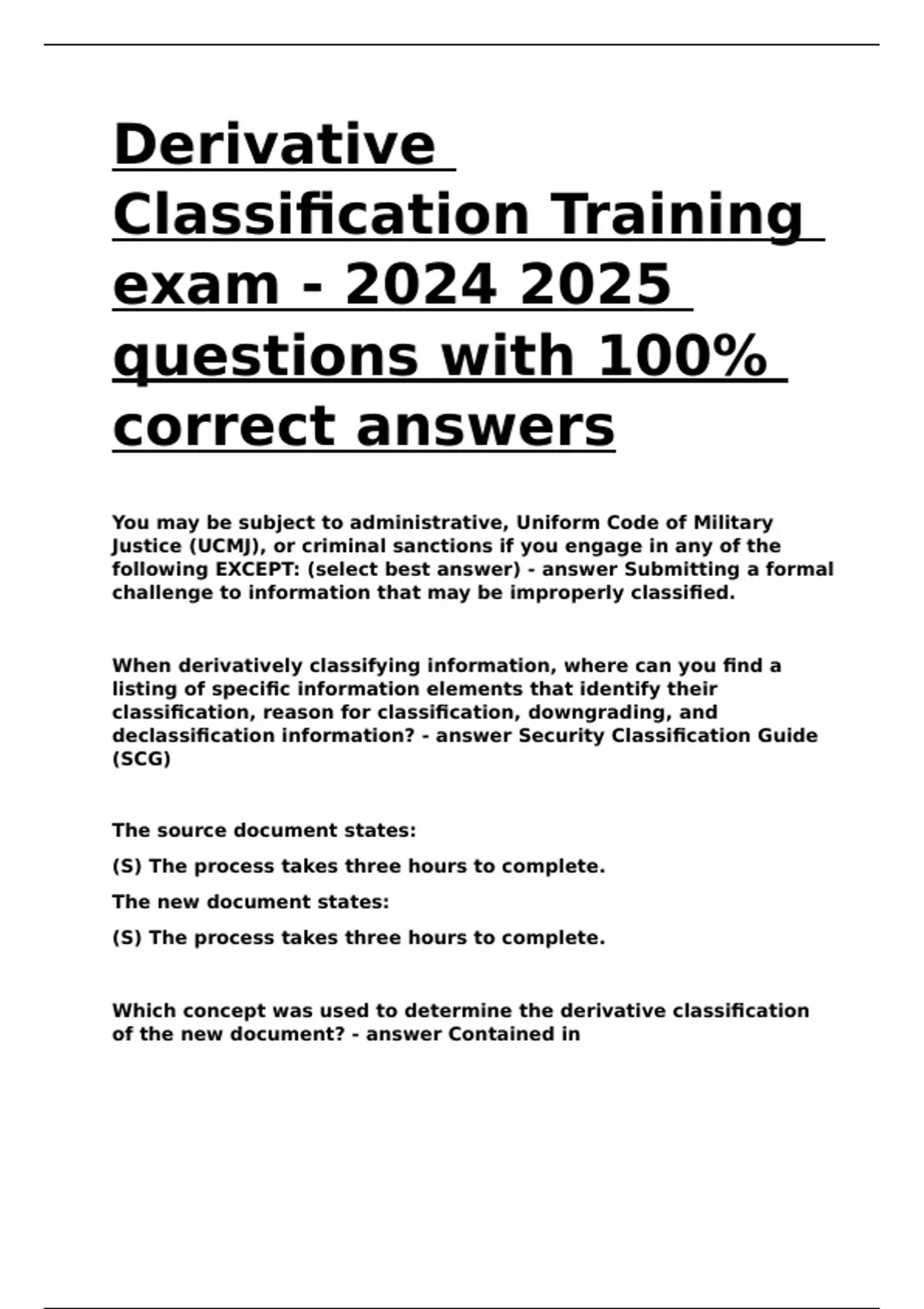 Derivative Classification Training Exam Questions With 100 Correct Answers Usa Football