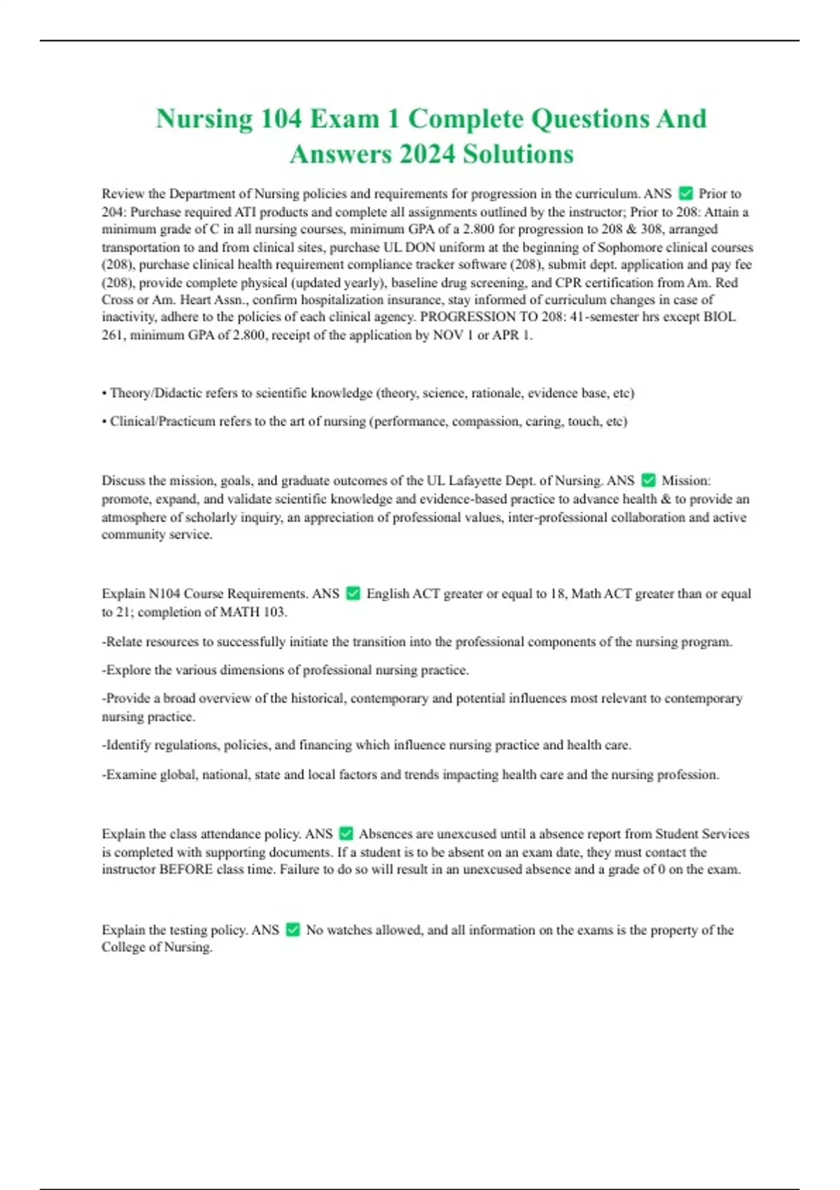 Nursing 104 Exam 1 Complete Questions And Answers 2024 Solutions ...