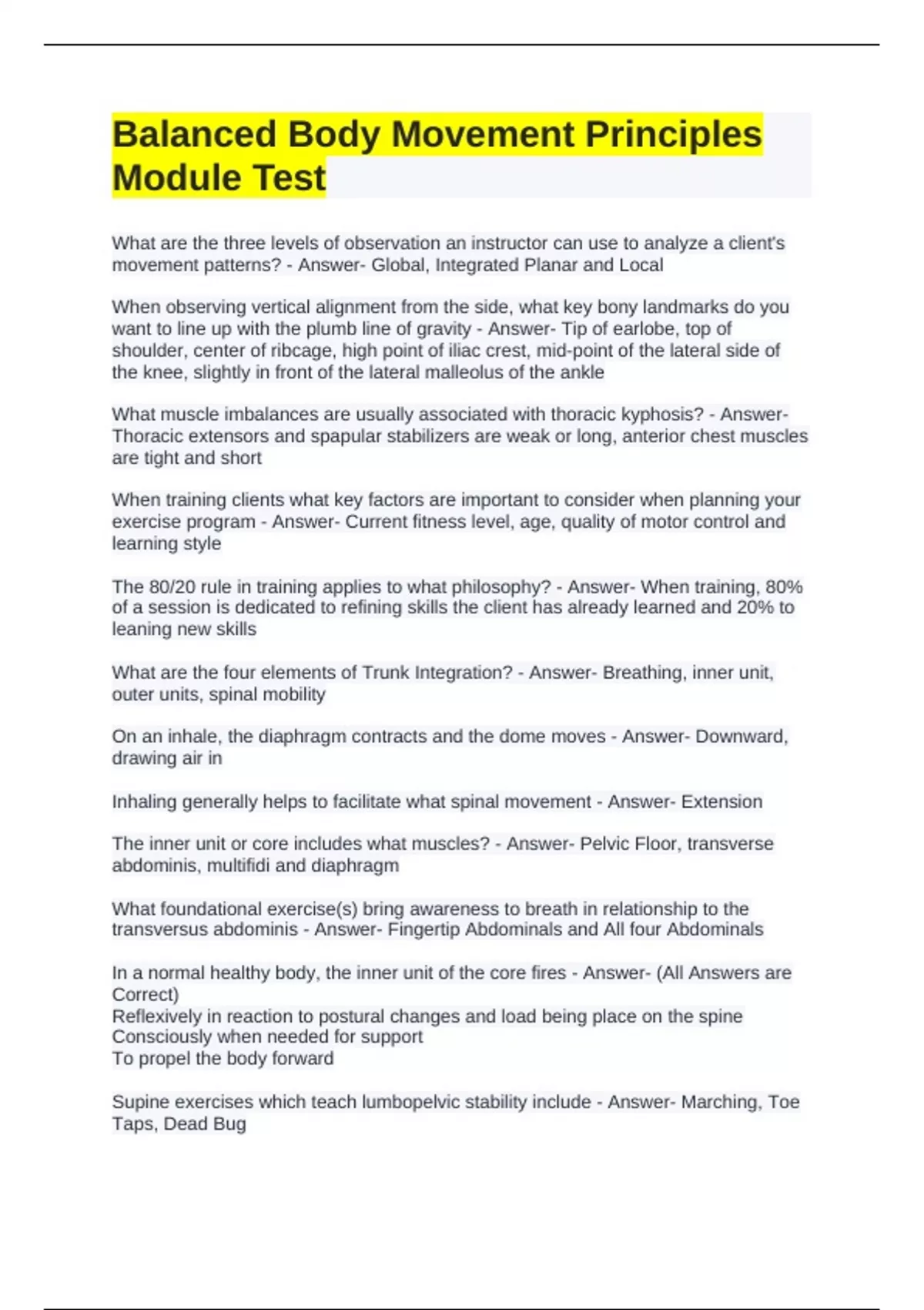 Balanced Body Movement Principles Module Test Questions and Answers ...