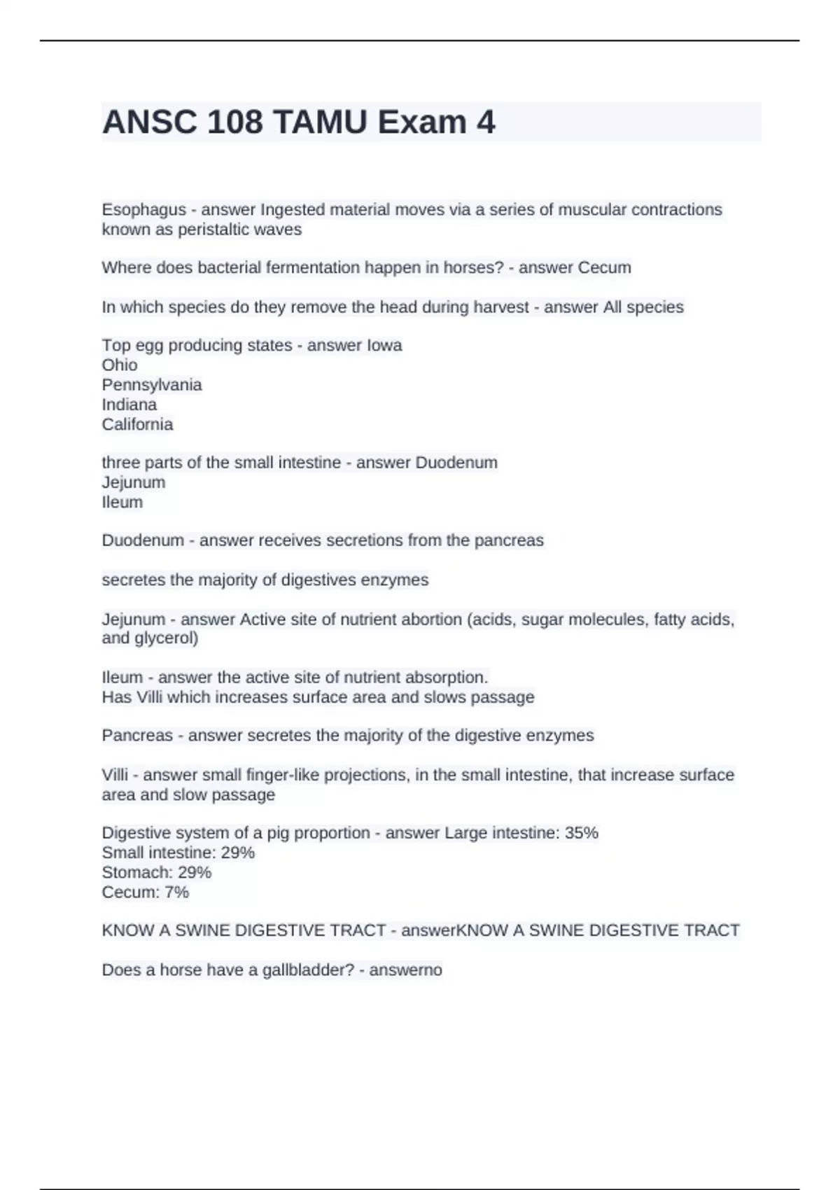 ANSC 108 TAMU Exam 4 Questions and Answers 2024 - TAMU - Stuvia US