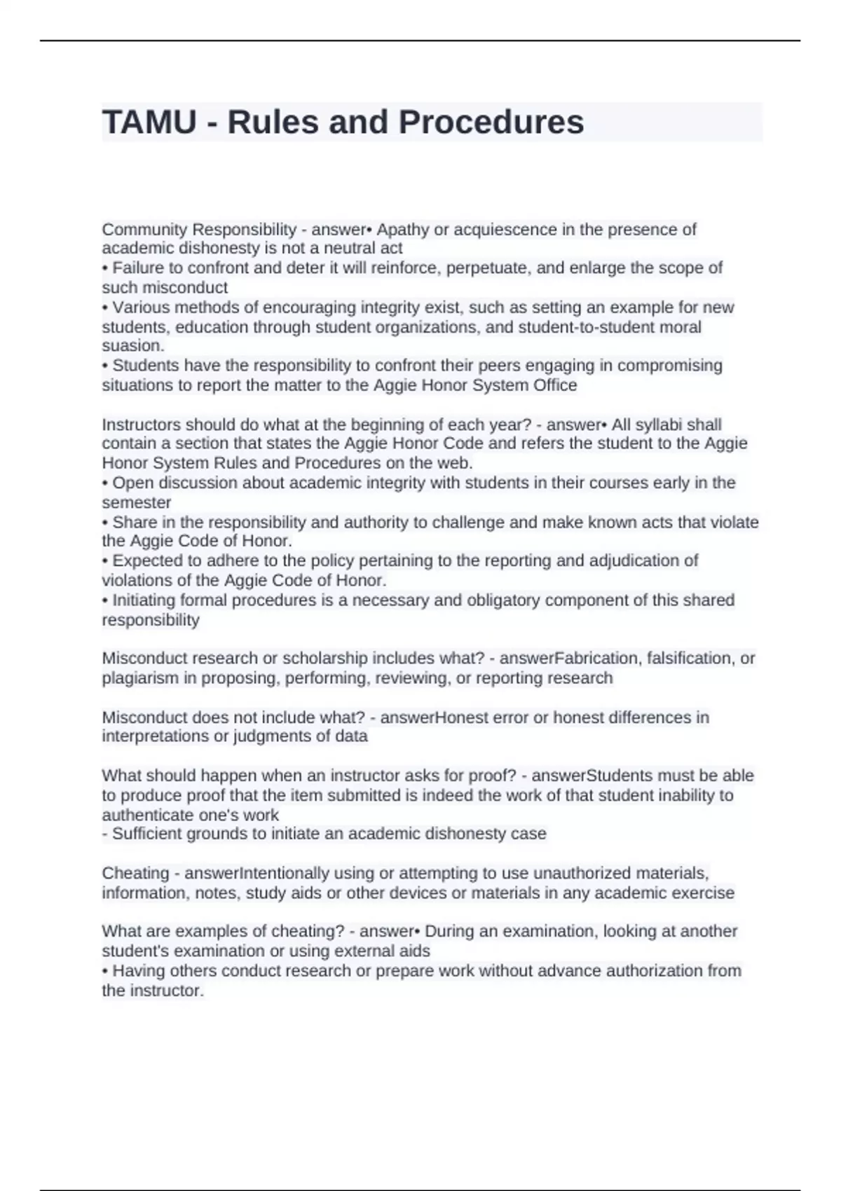 TAMU - Rules and Procedures Questions and Answers - TAMU - Stuvia US