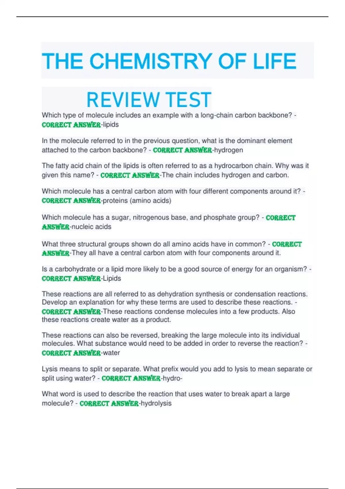 BIOLOGICAL CHEMISTRY, THE CHEMISTRY OF LIFE REVIEW TEST - BIOLOGICAL ...