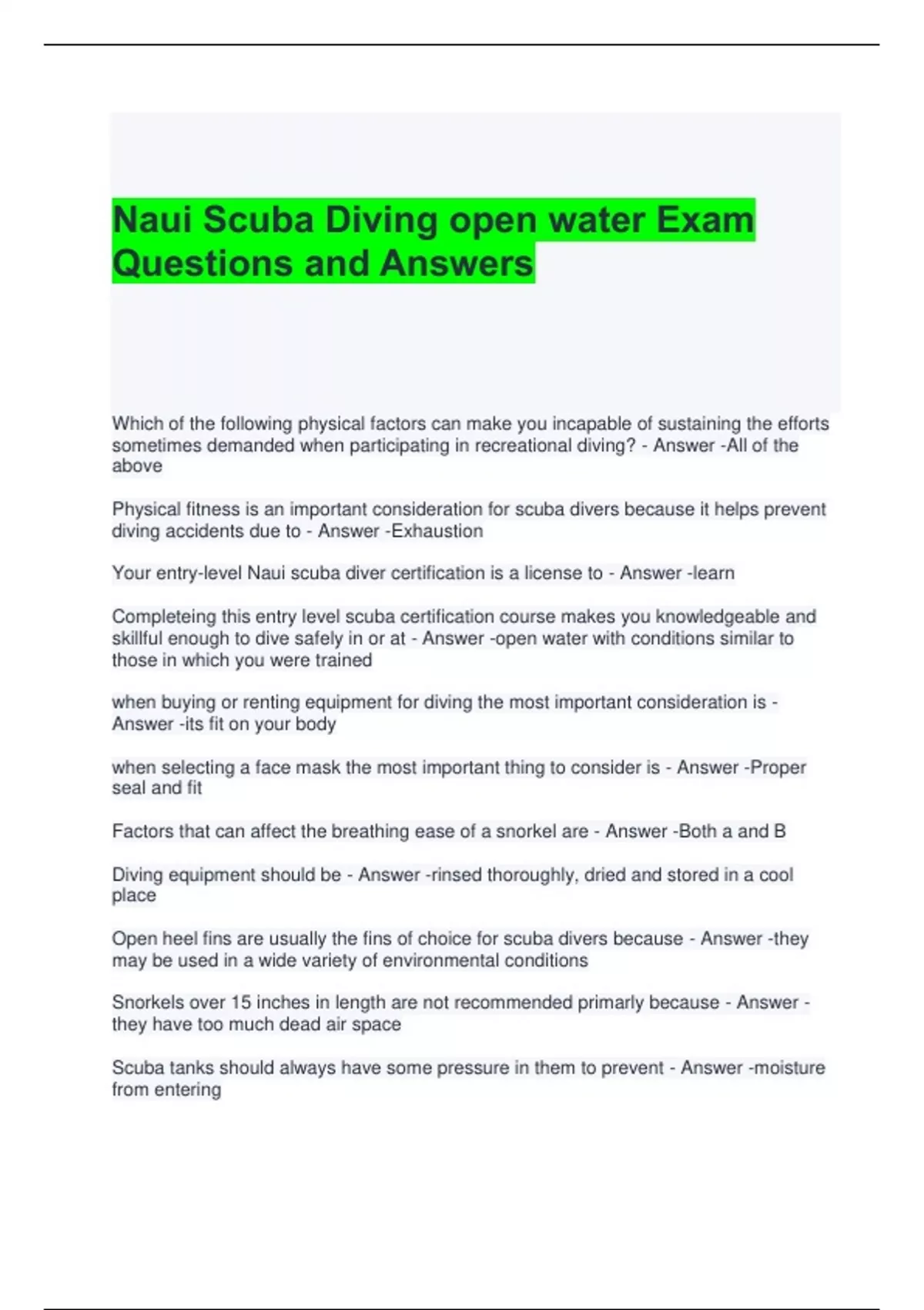 Naui Scuba Diving open water Exam Questions and Answers - NAUI SCUBA ...