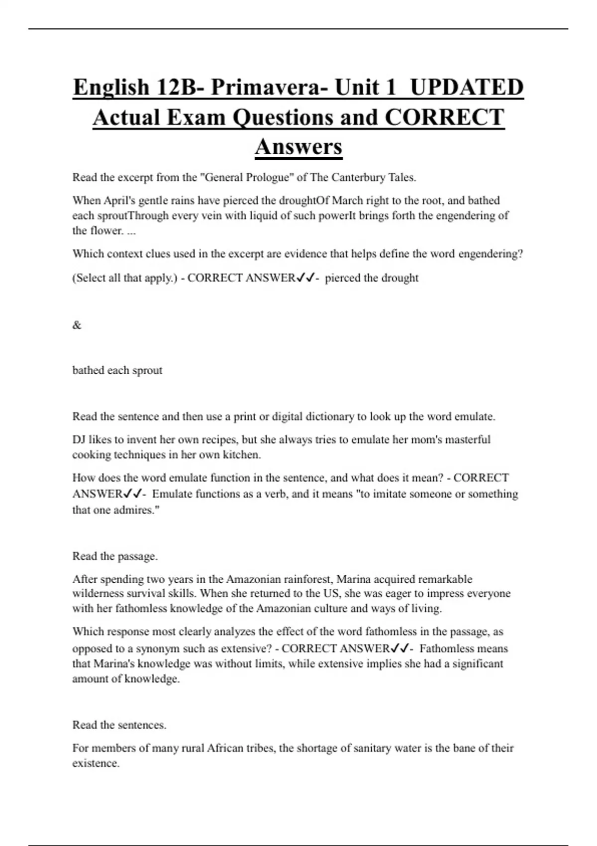 English 12B- Primavera- Unit 1 UPDATED Actual Exam Questions and ...