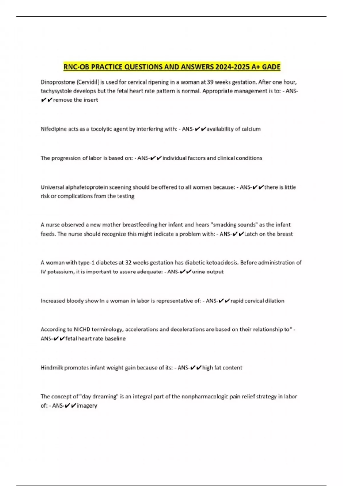 RNC-OB PRACTICE QUESTIONS AND ANSWERS A+ GADE - RNC-OB PRACTICE - Stuvia US