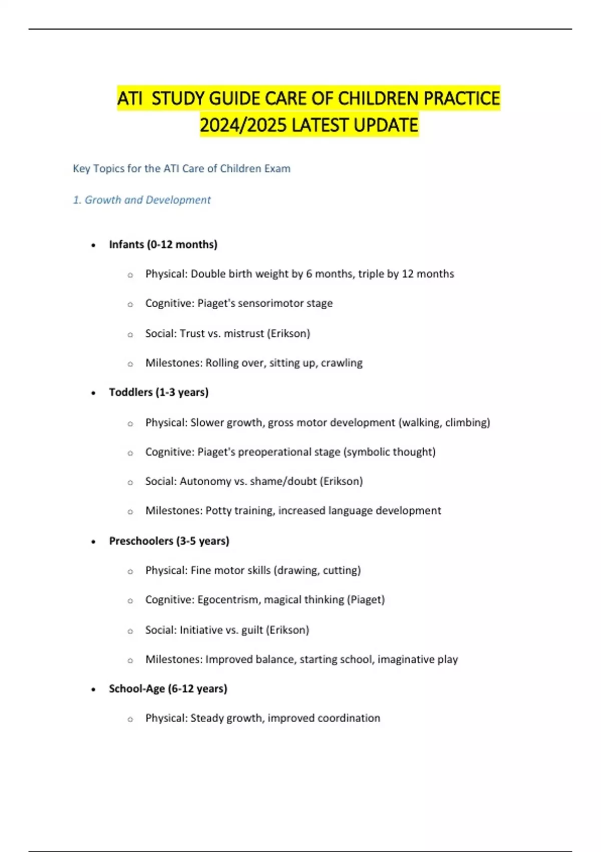 ATI STUDY GUIDE CARE OF CHILDREN PRACTICE 2024/2025 LATEST UPDATE - ATI ...