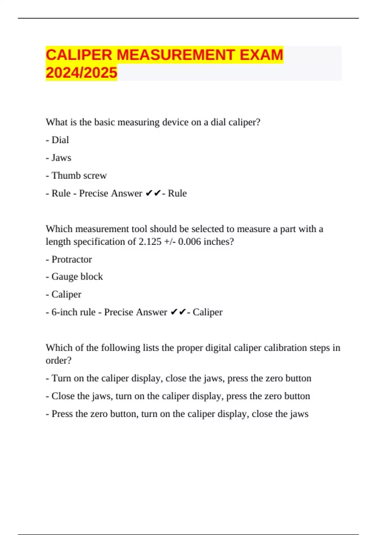 CALIPER MEASUREMENT EXAM 2024/2025 - CALIPER MEASUREMENT - Stuvia US