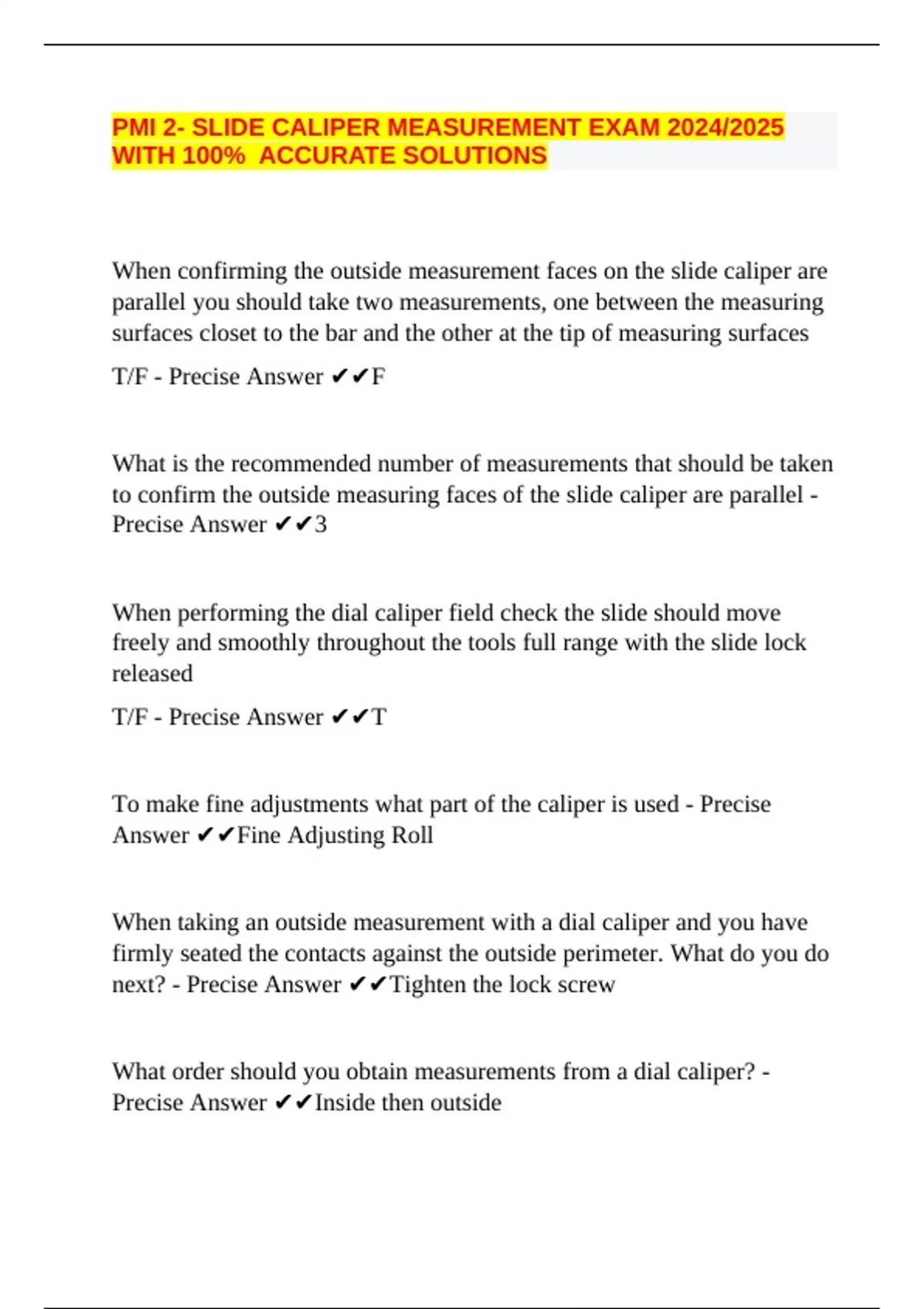 PMI 2- SLIDE CALIPER MEASUREMENT EXAM 2024/2025 WITH 100% ACCURATE ...