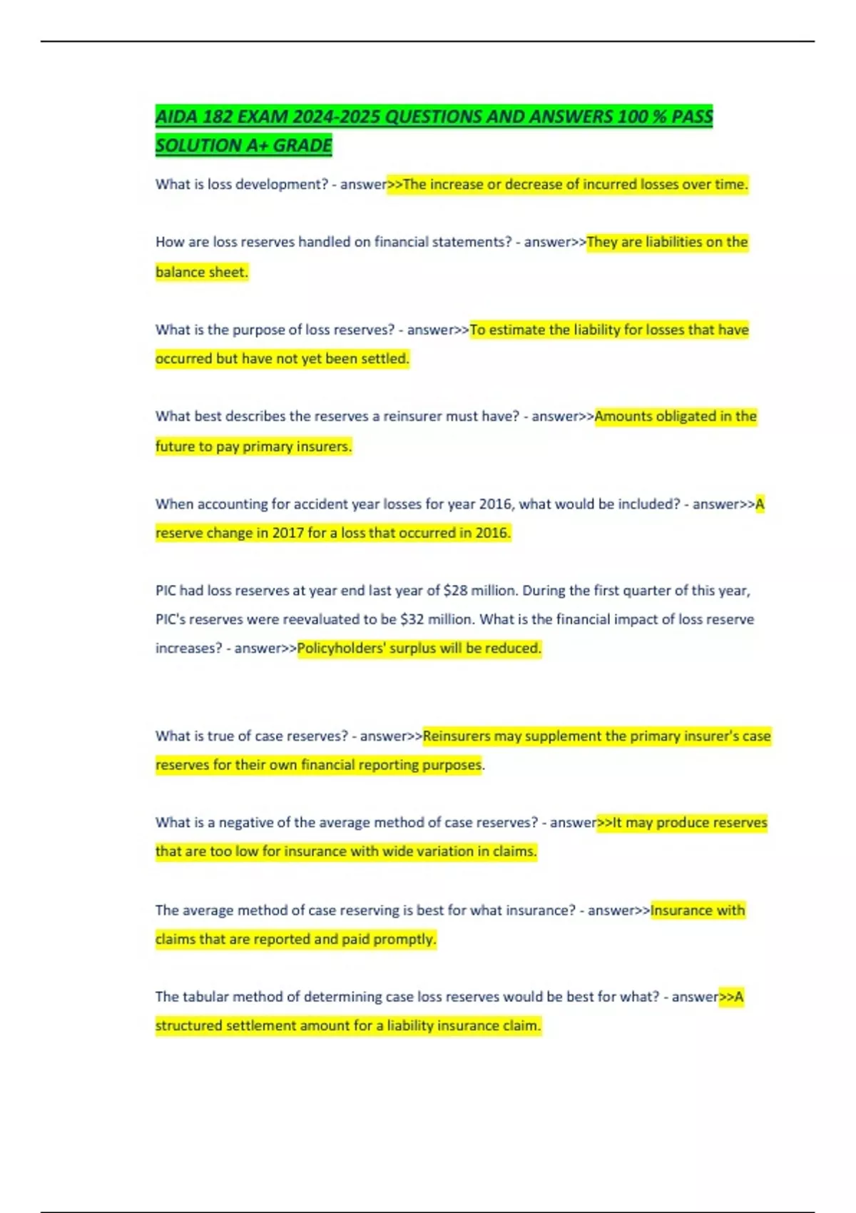 AIDA 182 EXAM QUESTIONS AND ANSWERS 100 % PASS SOLUTION A+ GRADE - AIDA 182 - Stuvia US