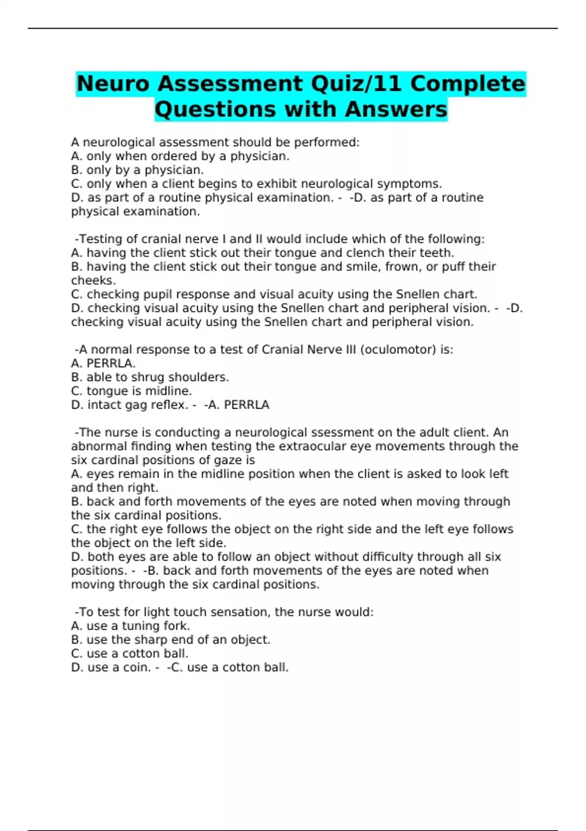 Neuro Assessment Quiz/11 Complete Questions with Answers - Neuro ...