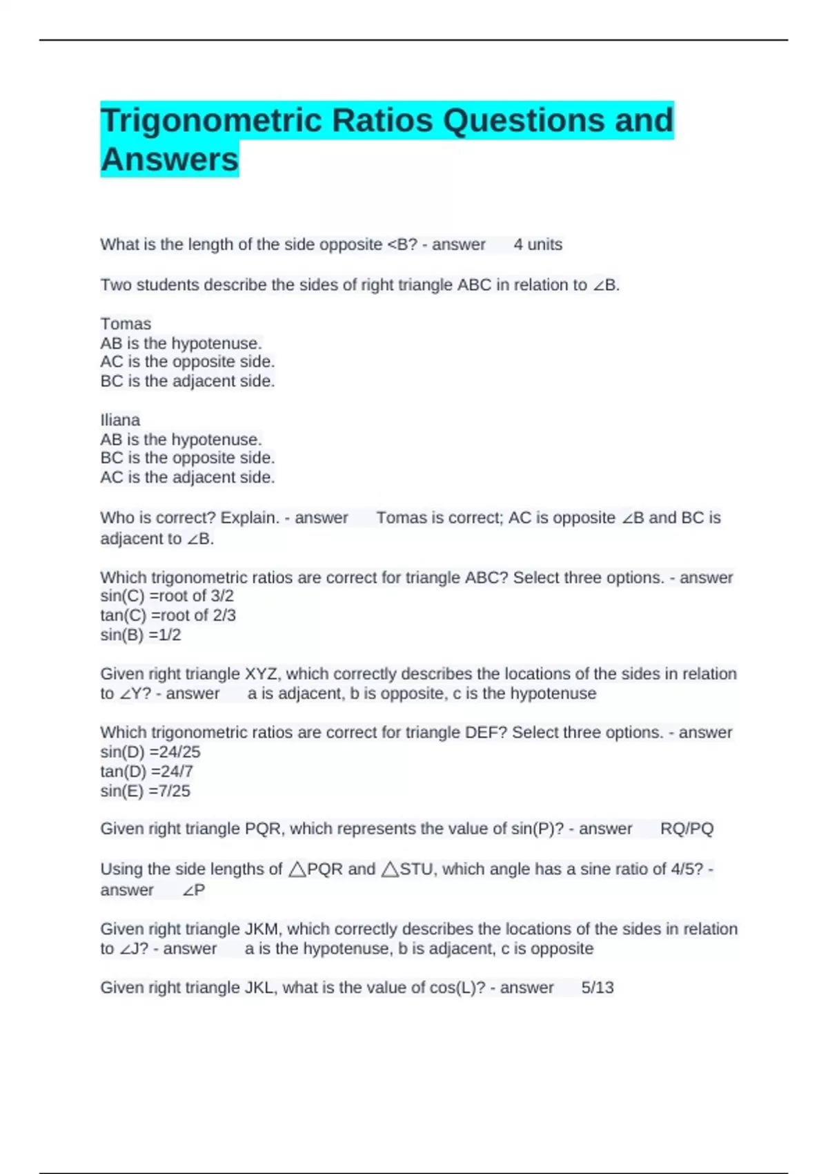 Trigonometric Ratios Questions and Answers - Mnl - Stuvia US