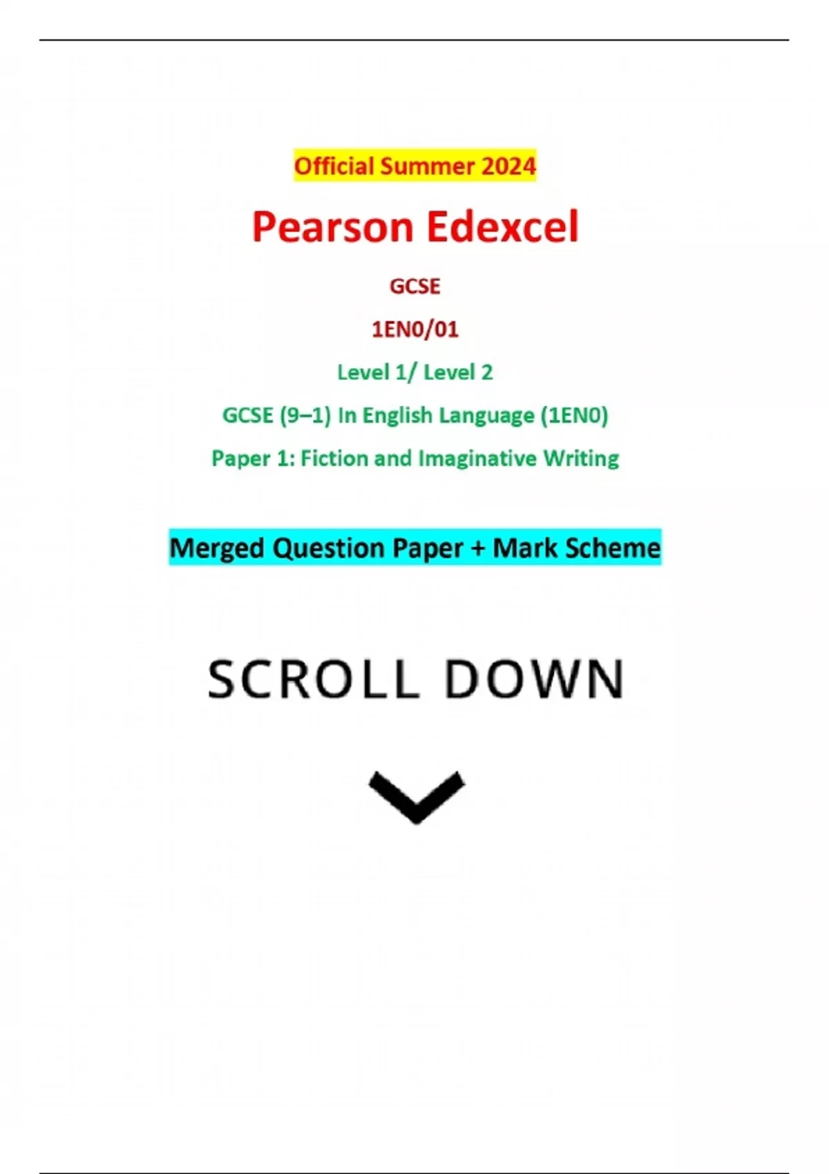 Official Summer 2024 Pearson Edexcel GCSE 1EN0/01 Level 1/ Level 2 GCSE ...