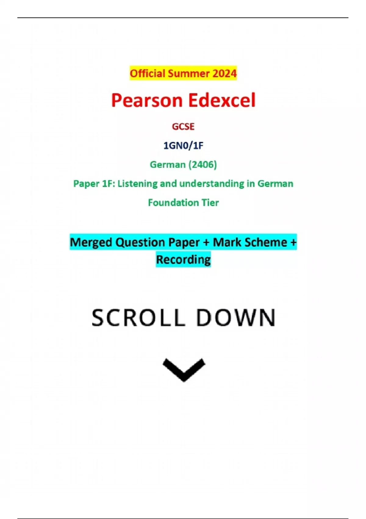 Official Summer 2024 Pearson Edexcel GCSE 1GN0/1F German (2406) Paper ...