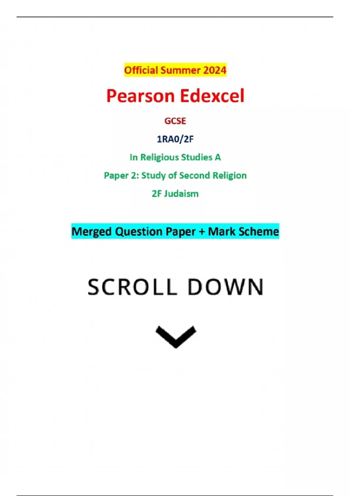 Official Summer 2024 Pearson Edexcel GCSE 1RA0/2F In Religious Studies A Paper 2: Study of ...