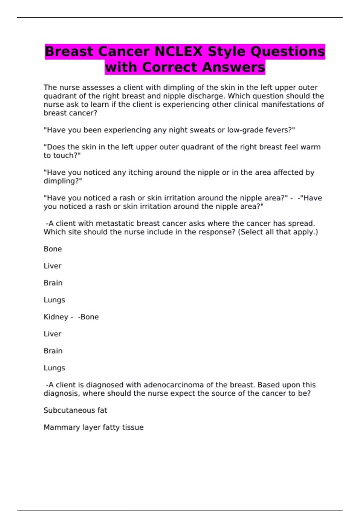 Breast Cancer NCLEX Style Questions with Correct Answers - Breast ...