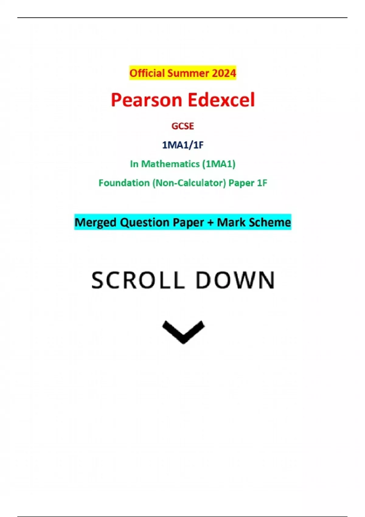 Official Summer 2024 Pearson Edexcel GCSE 1MA1/1F In Mathematics (1MA1 ...