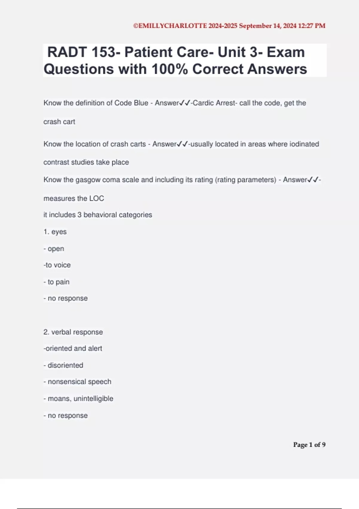 RADT 153- Patient Care- Unit 3- Exam Questions with 100% Correct ...