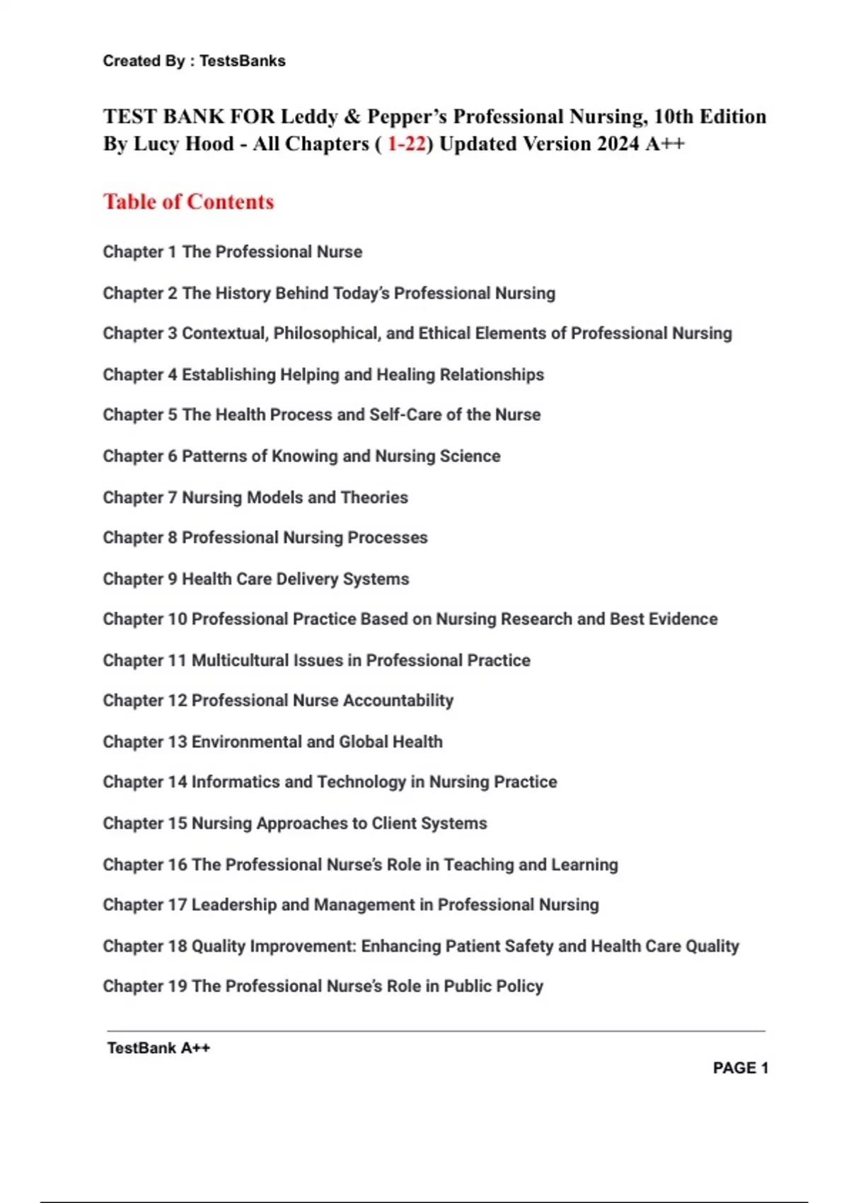 TEST BANK FOR Leddy & Pepper’s Professional Nursing, 10th Edition By ...