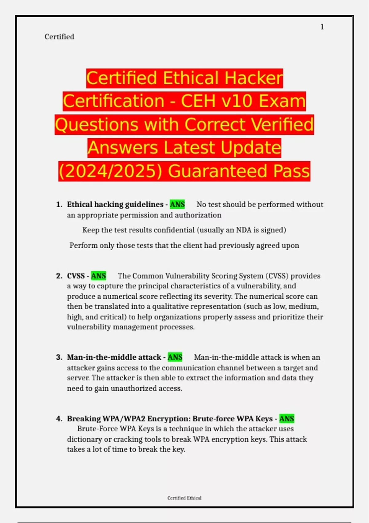 Certified Ethical Hacker Certification CEH V10, V12 EXAM QUESTIONS AND ANSWERS UPDATED (2024/ ...