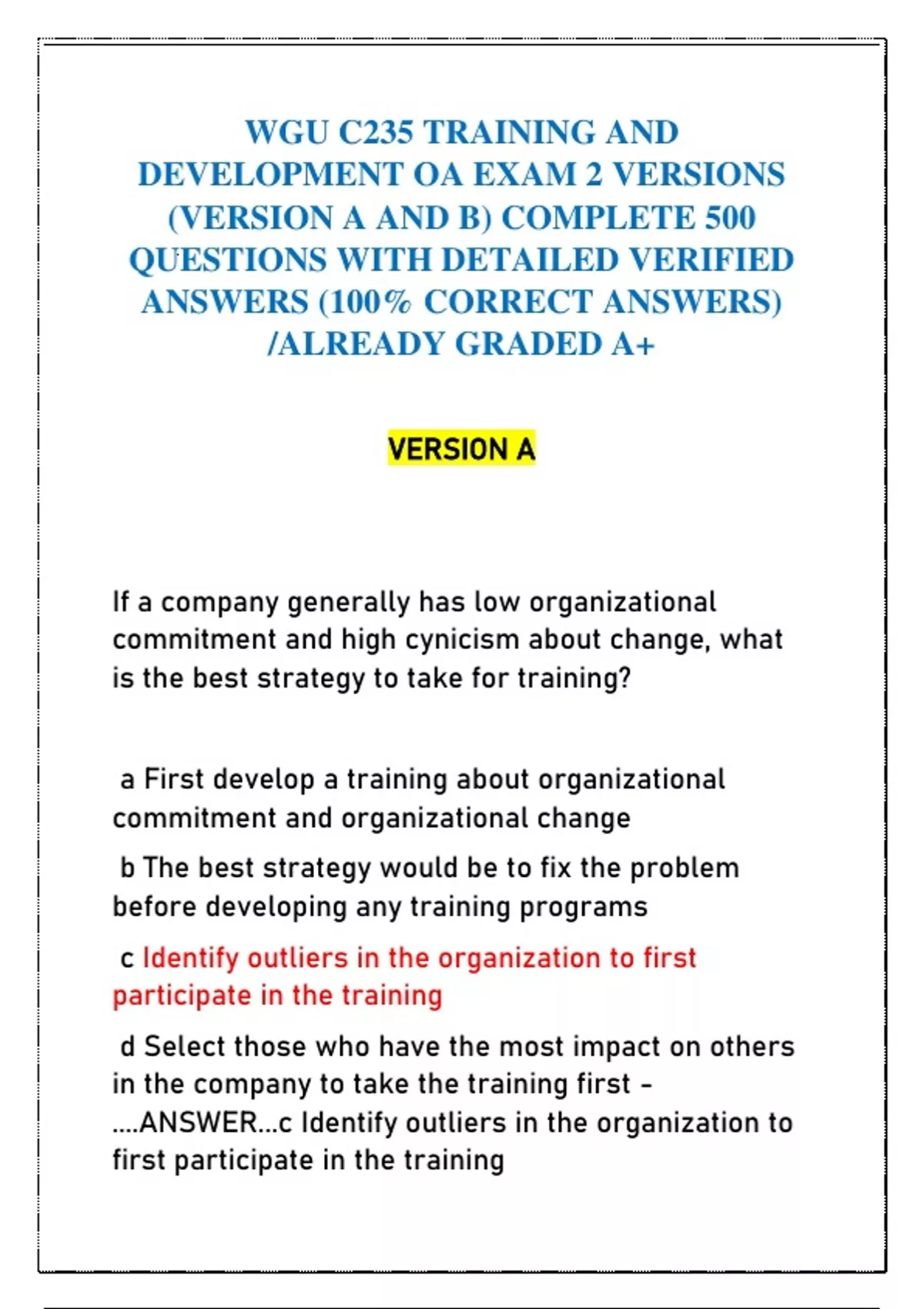 WGU C235 TRAINING AND DEVELOPMENT OA EXAM 2 VERSIONS (VERSION A AND B ...