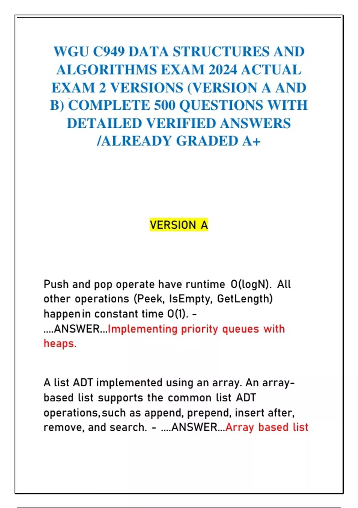WGU C949 DATA STRUCTURES AND ALGORITHMS EXAM 2024 ACTUAL EXAM 2 VERSIONS (VERSION A AND B ...