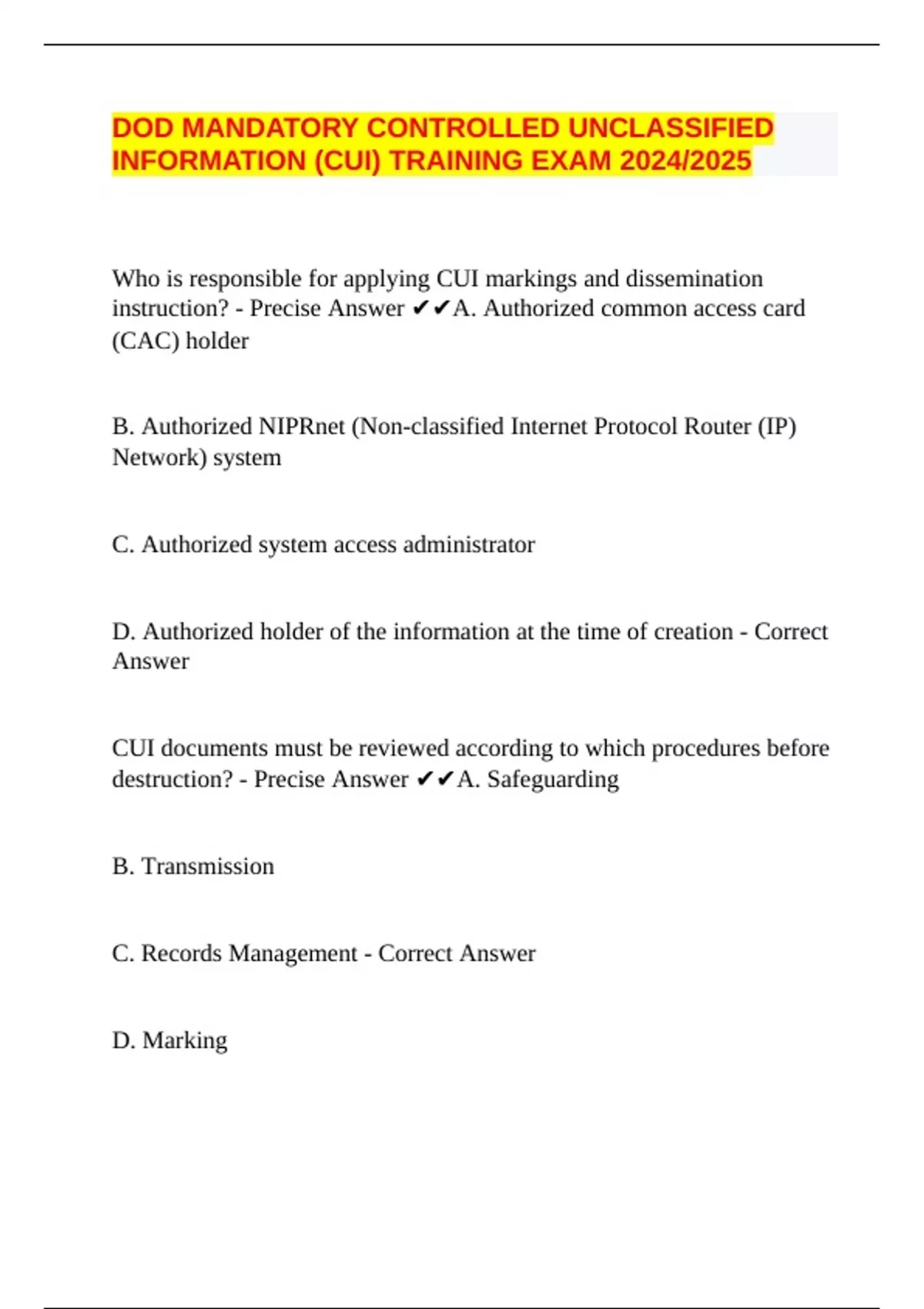 DOD MANDATORY CONTROLLED UNCLASSIFIED INFORMATION (CUI) TRAINING EXAM ...