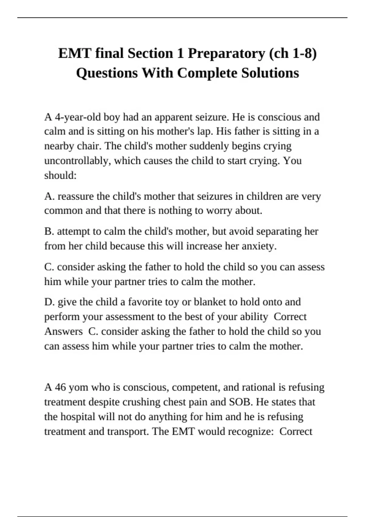 EMT final Section 1 Preparatory (ch 1-8) Questions With Complete Solutions - EMT - Stuvia US