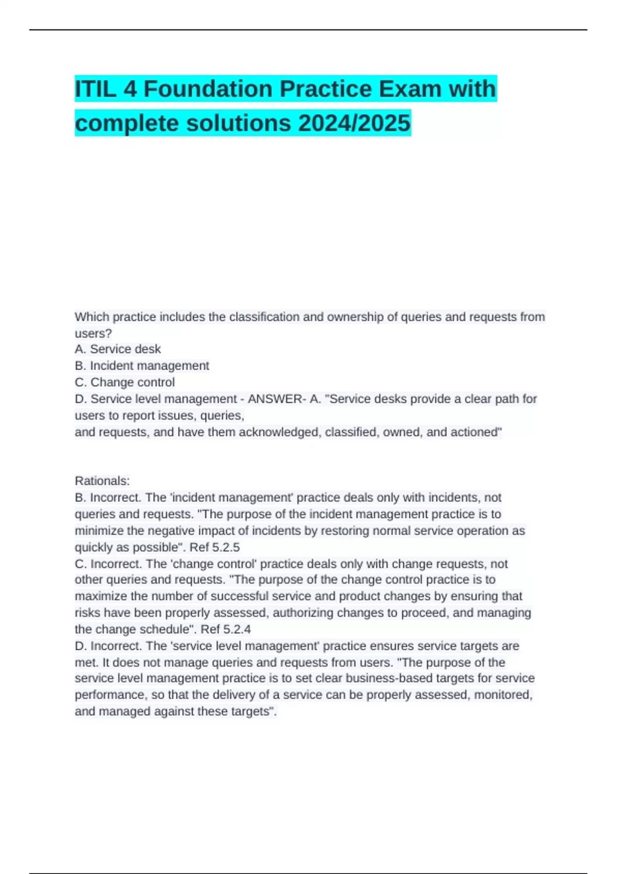 ITIL 4 Foundation Practice Exam with complete solutions 2024_2025 - ITIL 4 - Stuvia US