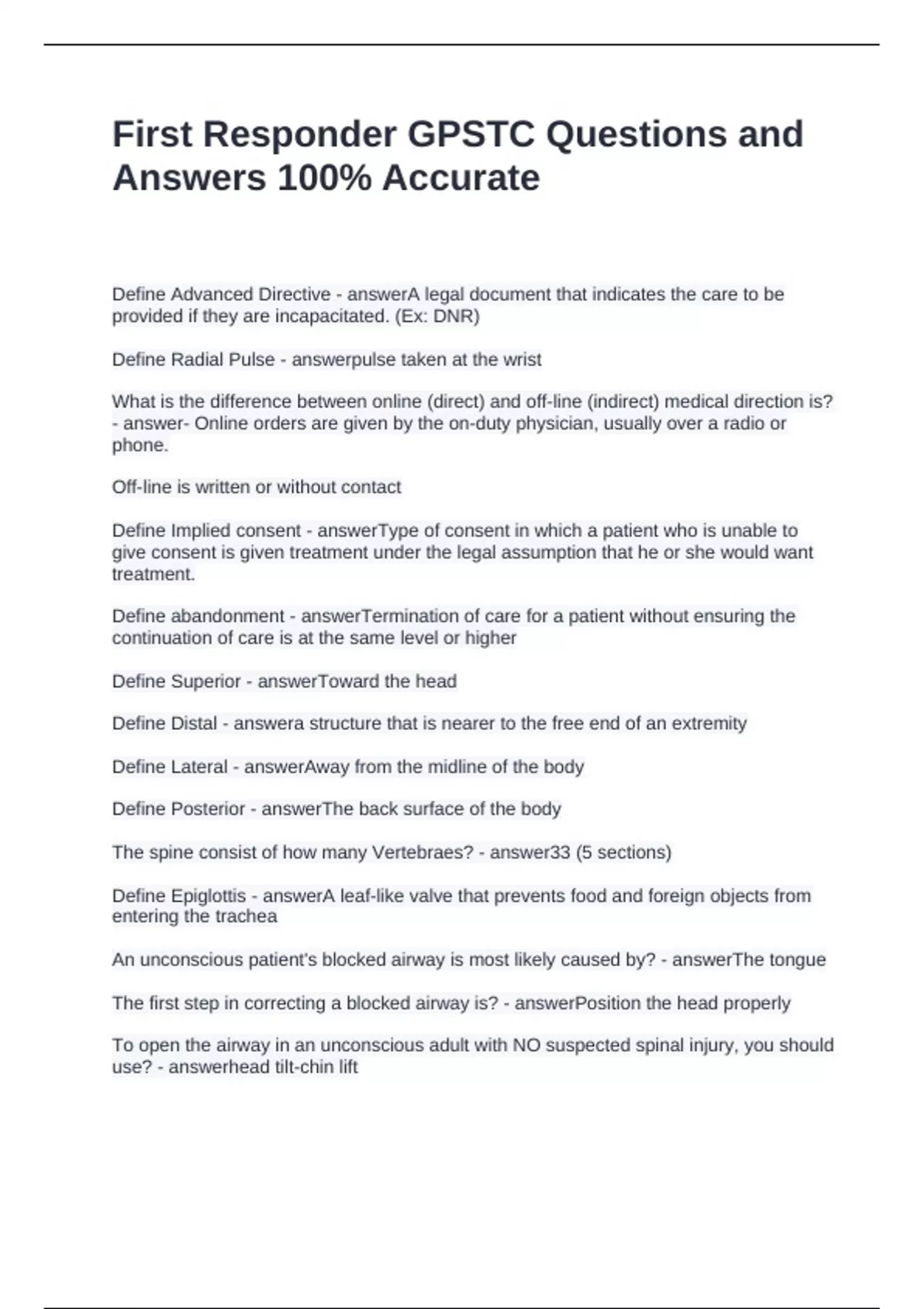 First Responder GPSTC Questions and Answers 100% Accurate - GPSTC ...