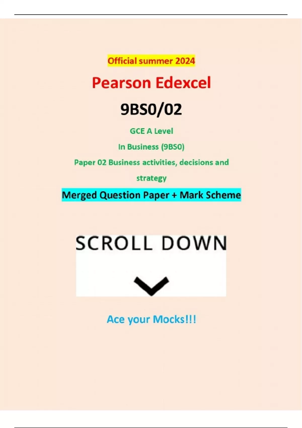 Official summer 2024 Pearson Edexcel 9BS0/02 GCE A Level In Business ...