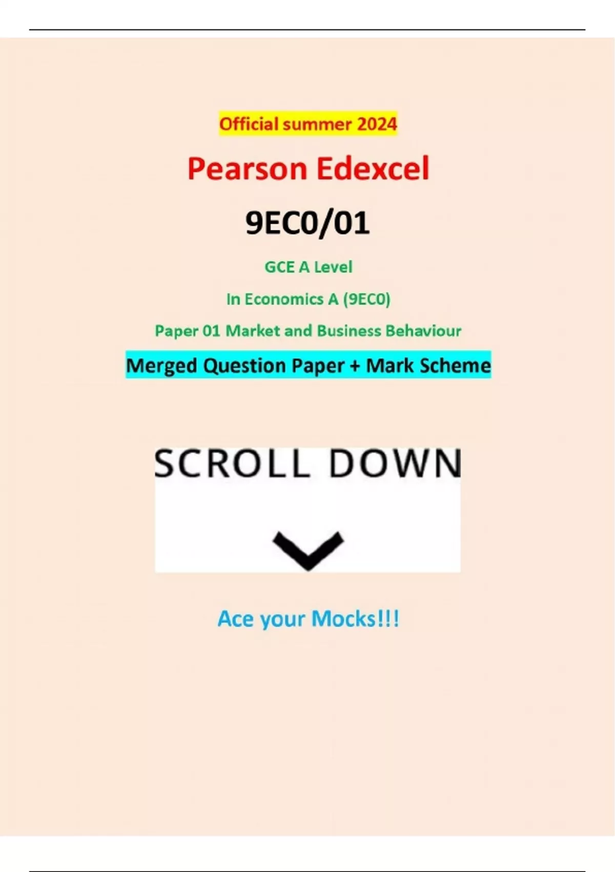 Official summer 2024 Pearson Edexcel 9EC0/01 GCE A Level In Economics A ...