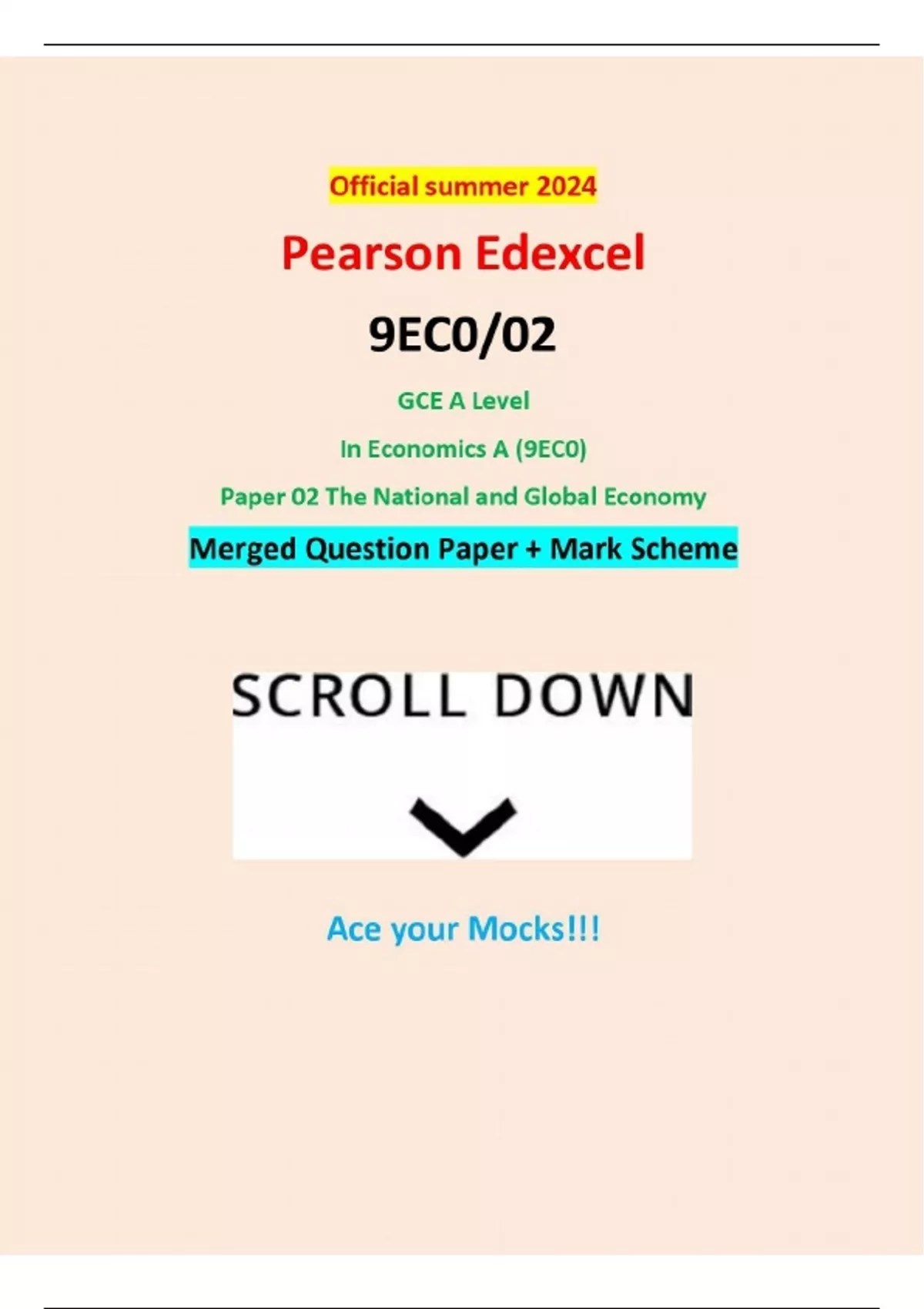 Official summer 2024 Pearson Edexcel 9EC0/02 GCE A Level In Economics A ...
