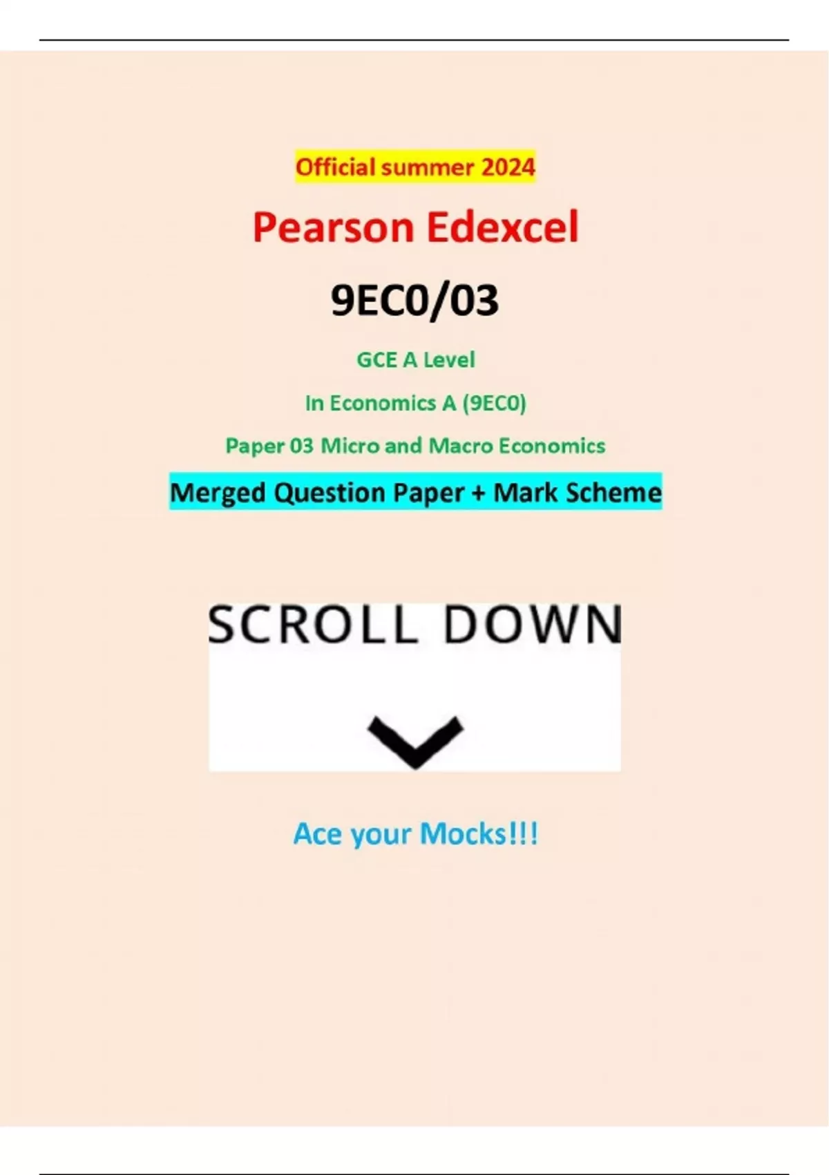 Official summer 2024 Pearson Edexcel 9EC0/03 GCE A Level In Economics A ...