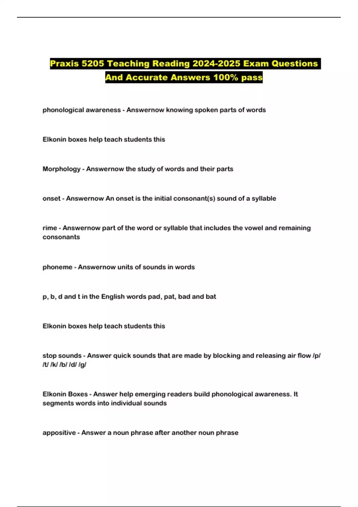Praxis 5205 Teaching Reading Exam Questions And Accurate Answers 100% ...