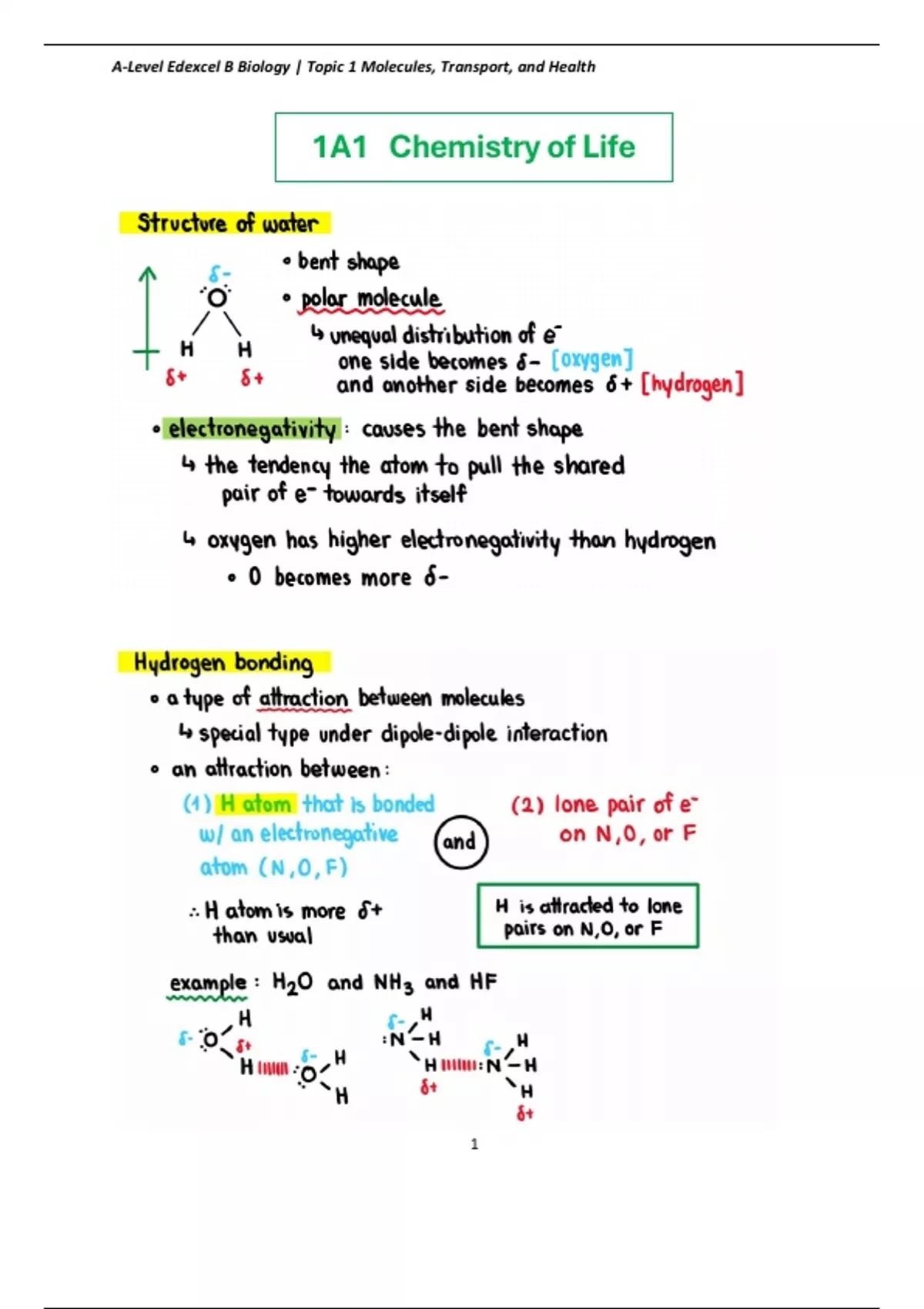 Summary Edexcel A Level Biology - Unit 1A - Water & Biological ...