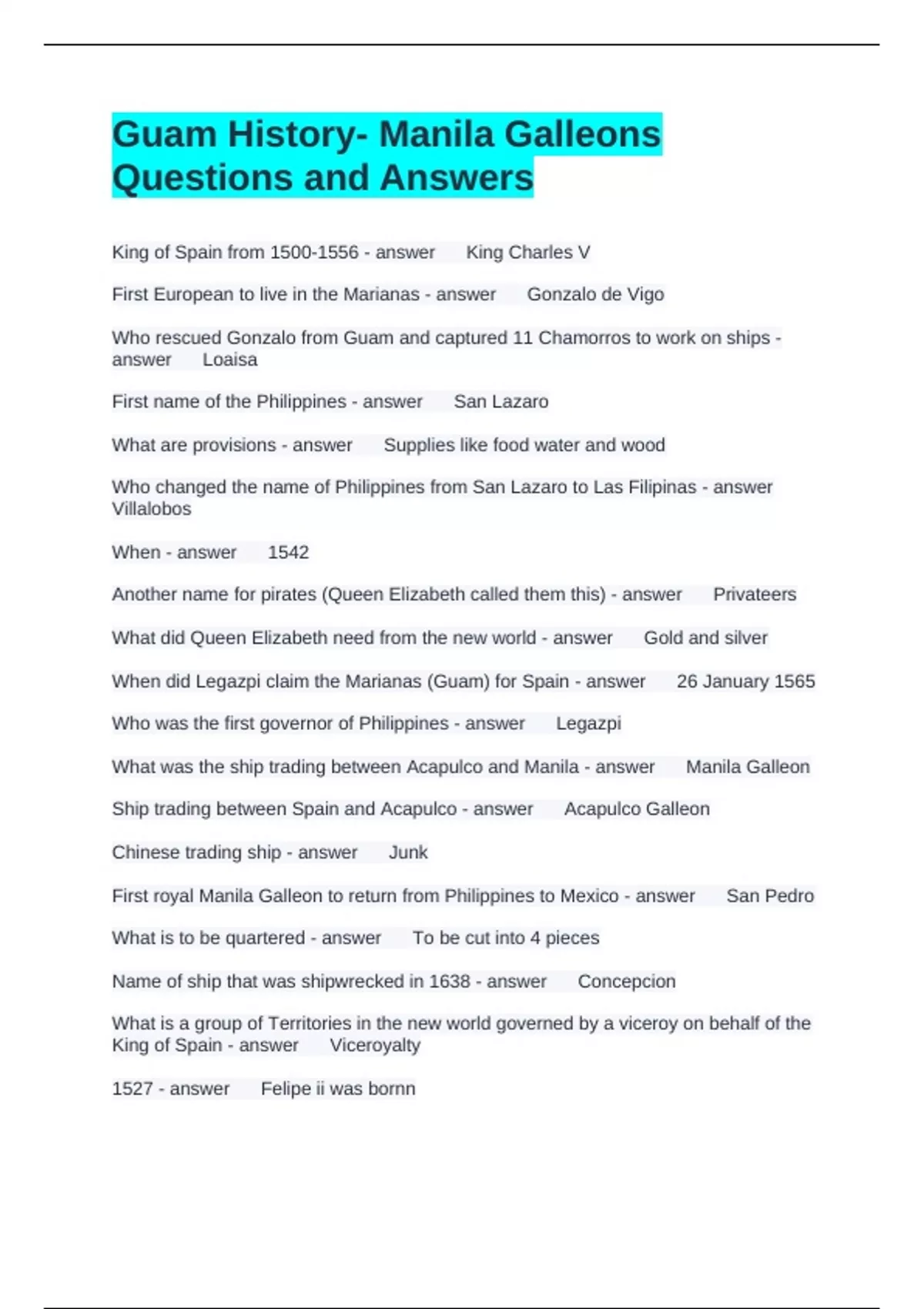 Guam History- Manila Galleons Questions and Answers - Mnl - Stuvia US